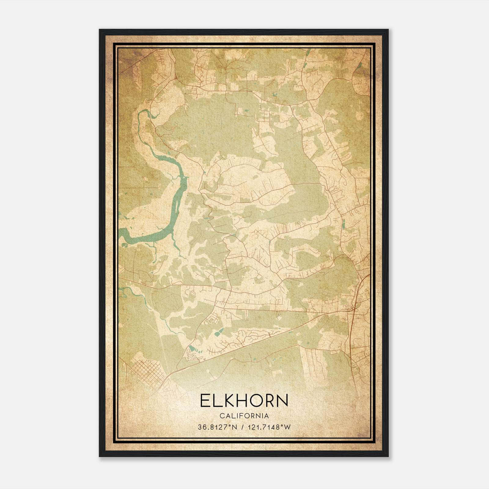 Vintage Elkhorn California Map Poster, Elkhorn CA City Road Wall Art Print - Custom Maps & Posters