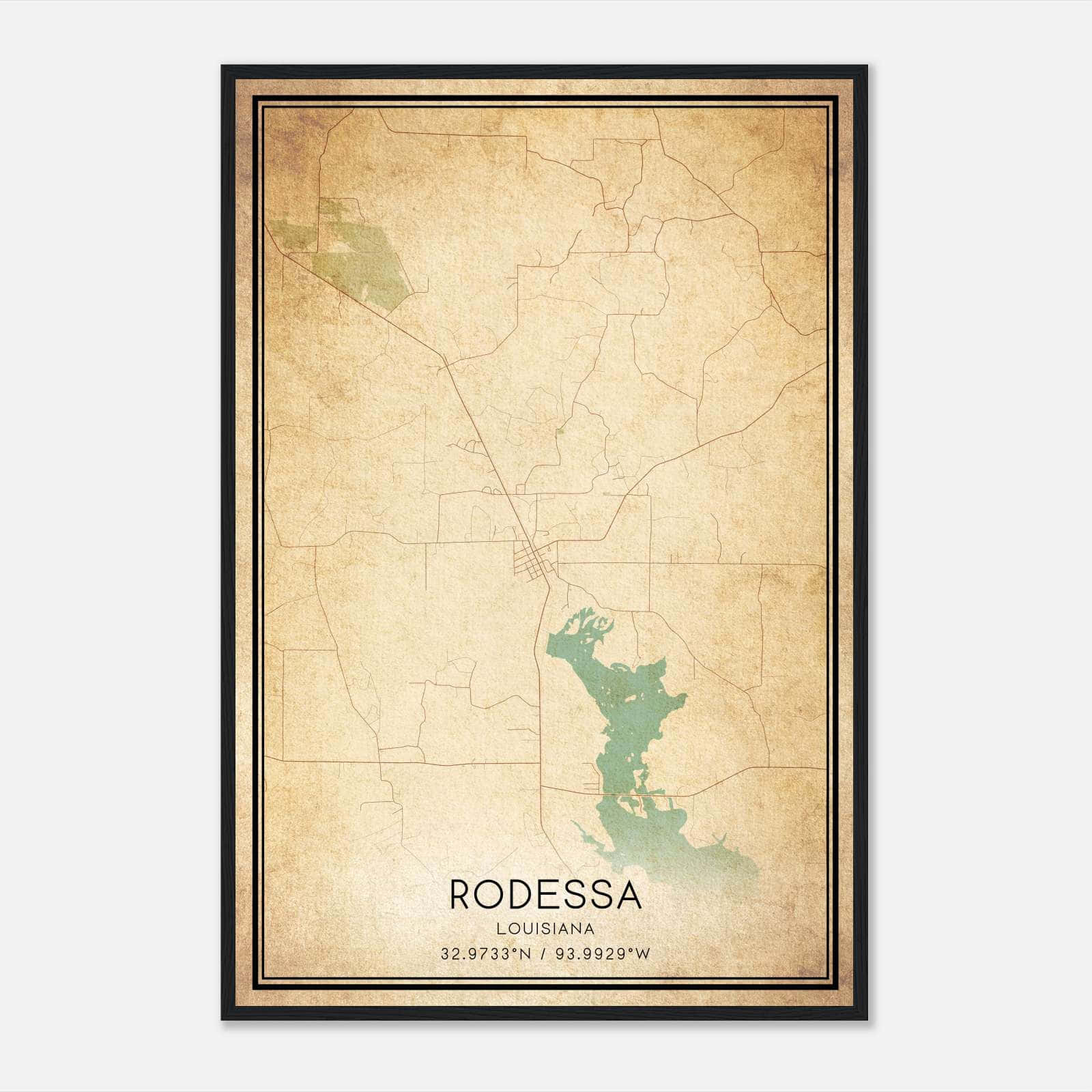 Vintage Rodessa Louisiana Map Poster, Rodessa LA City Road Wall Art Print - Custom Maps & Posters