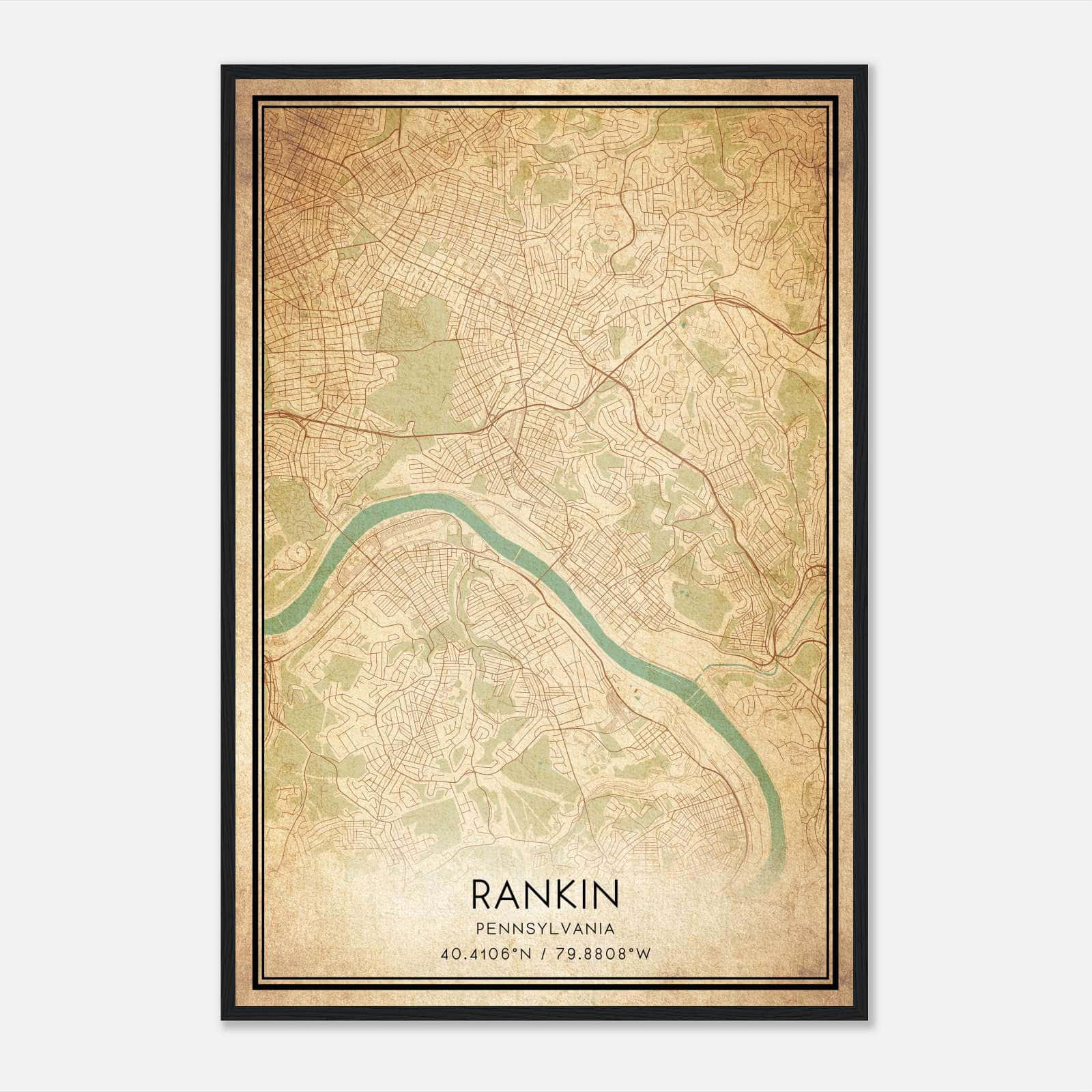 Vintage Rankin Pennsylvania Map Poster, Rankin PA City Road Wall Art ...