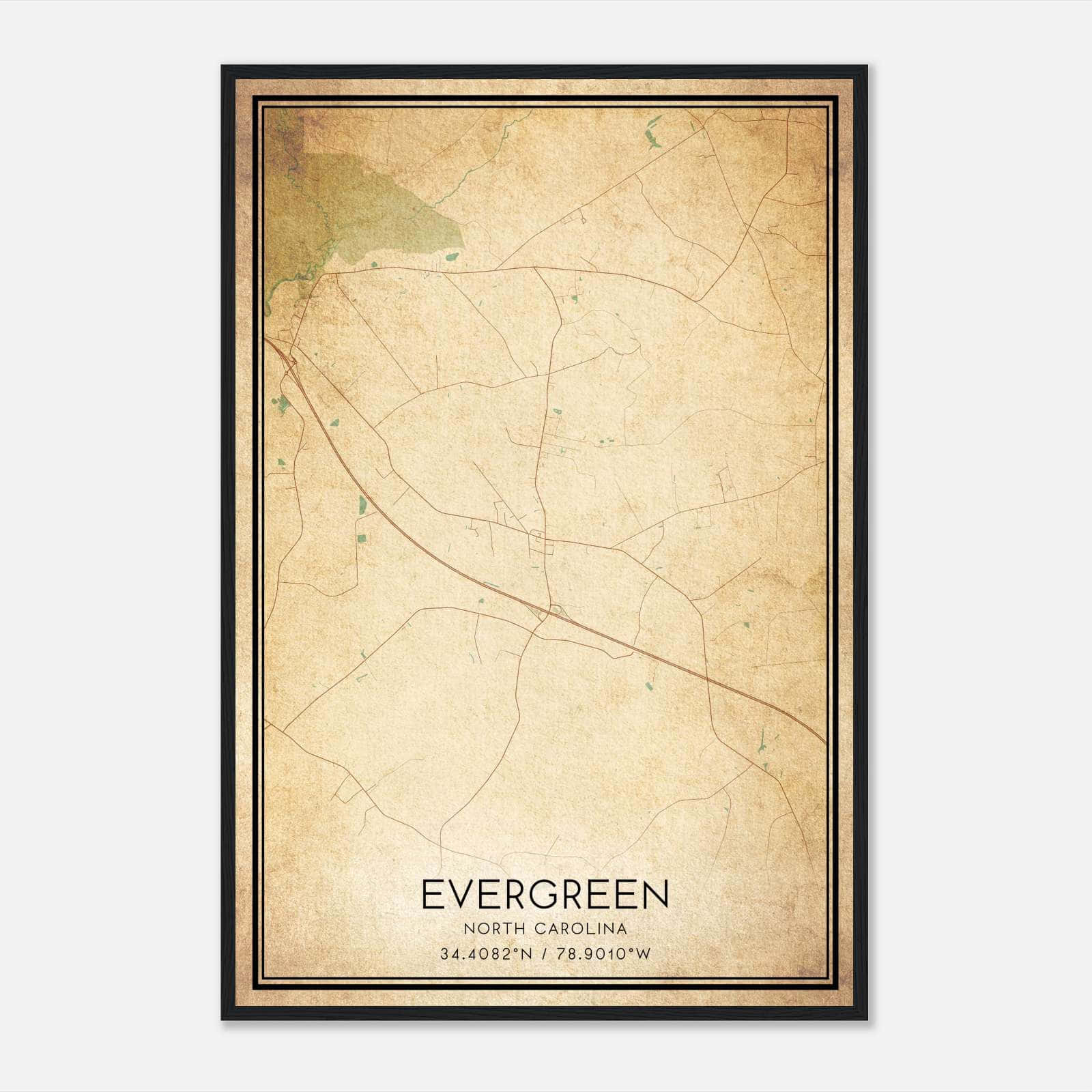 Vintage Evergreen North Carolina Map Poster, Evergreen NC City Road ...