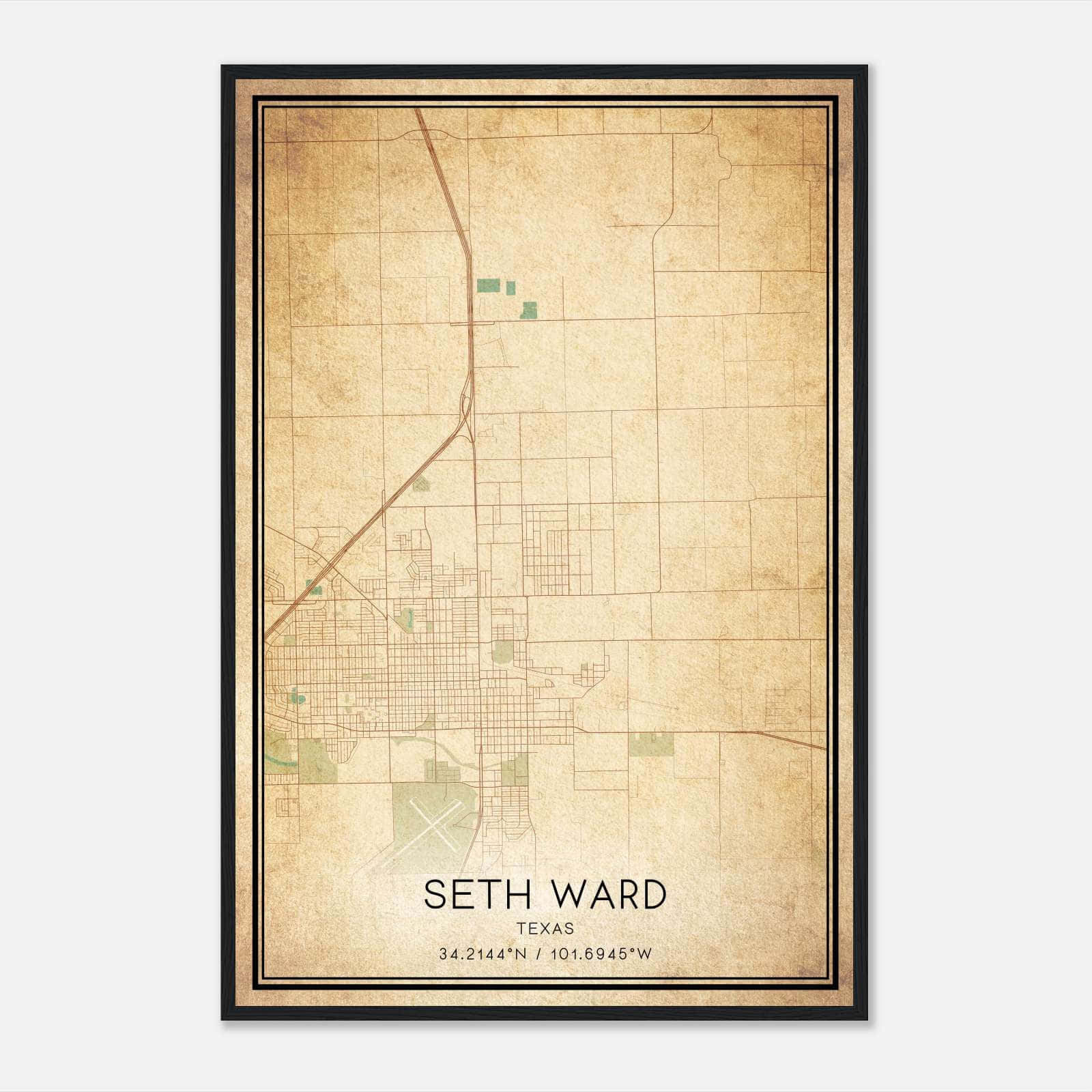 Vintage Seth Ward Texas Map Poster, Seth Ward TX City Road Wall Art ...