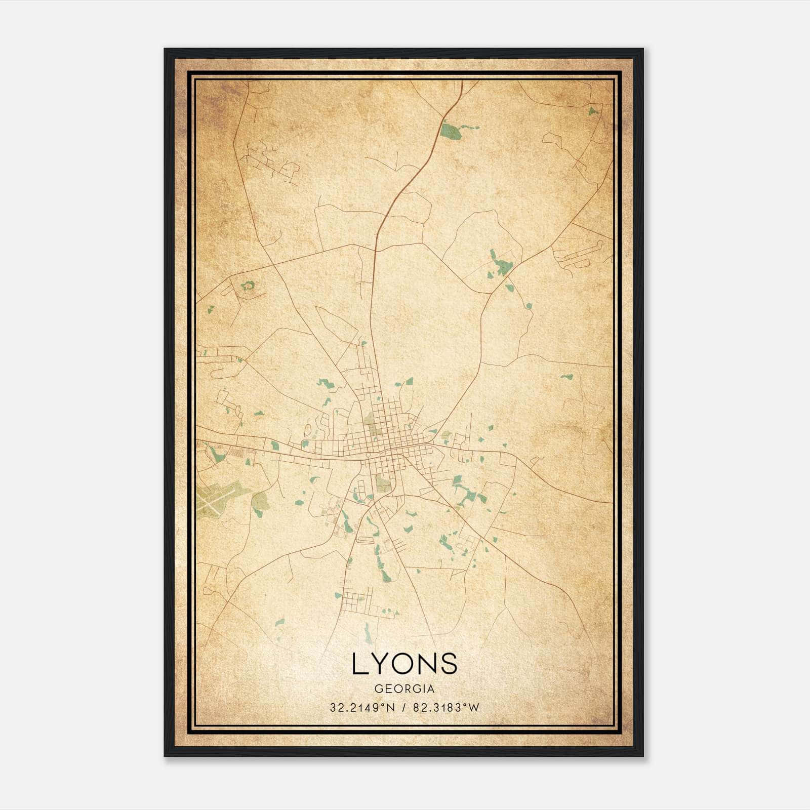 Vintage Lyons Georgia Map Poster, Lyons GA City Road Wall Art Print ...