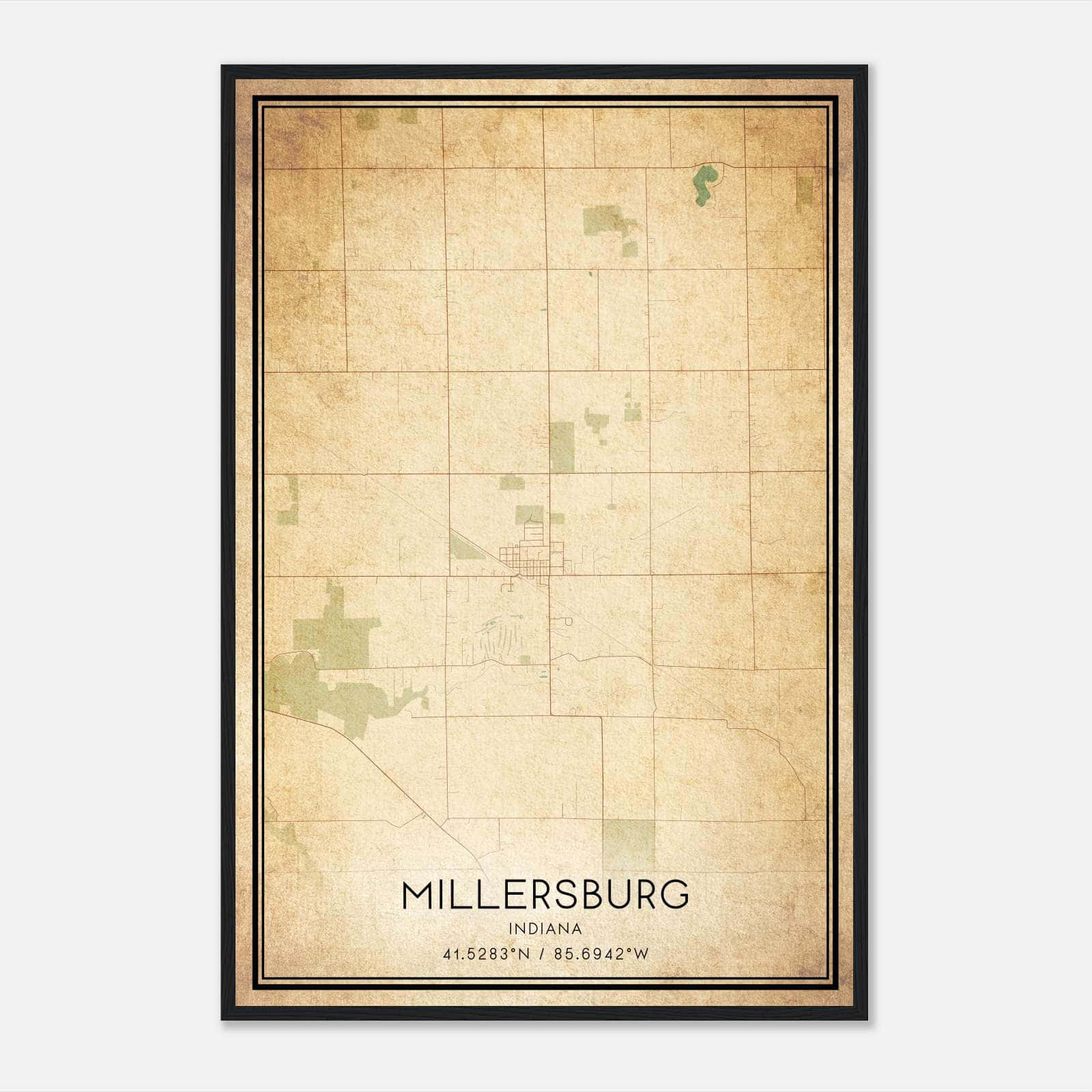 Vintage Millersburg Indiana Map Poster, Millersburg IN City Road Wall ...