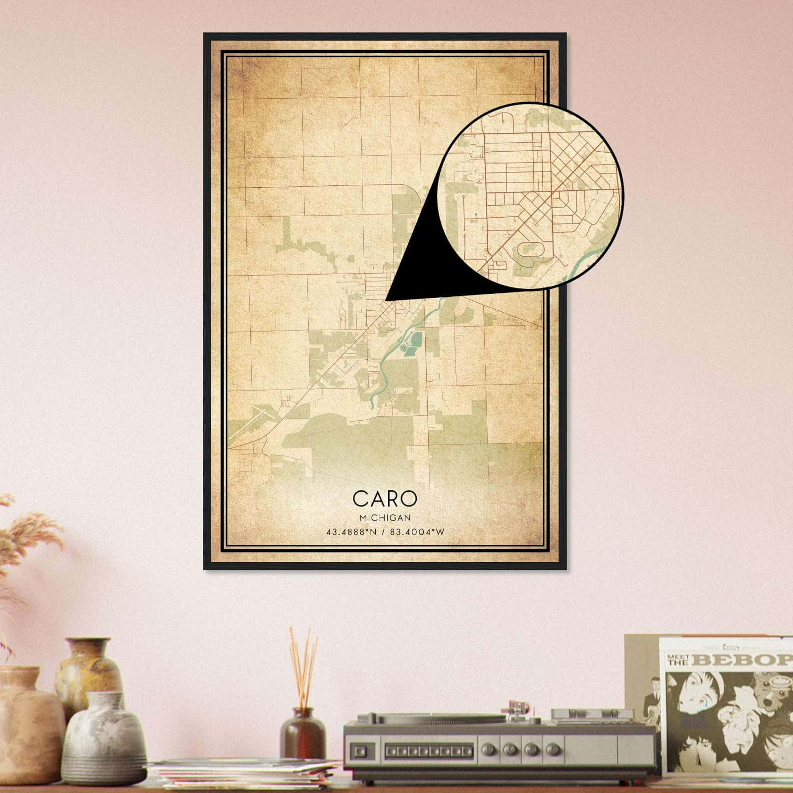 Vintage Caro Michigan Map Poster, Caro MI City Road Wall Art Print ...
