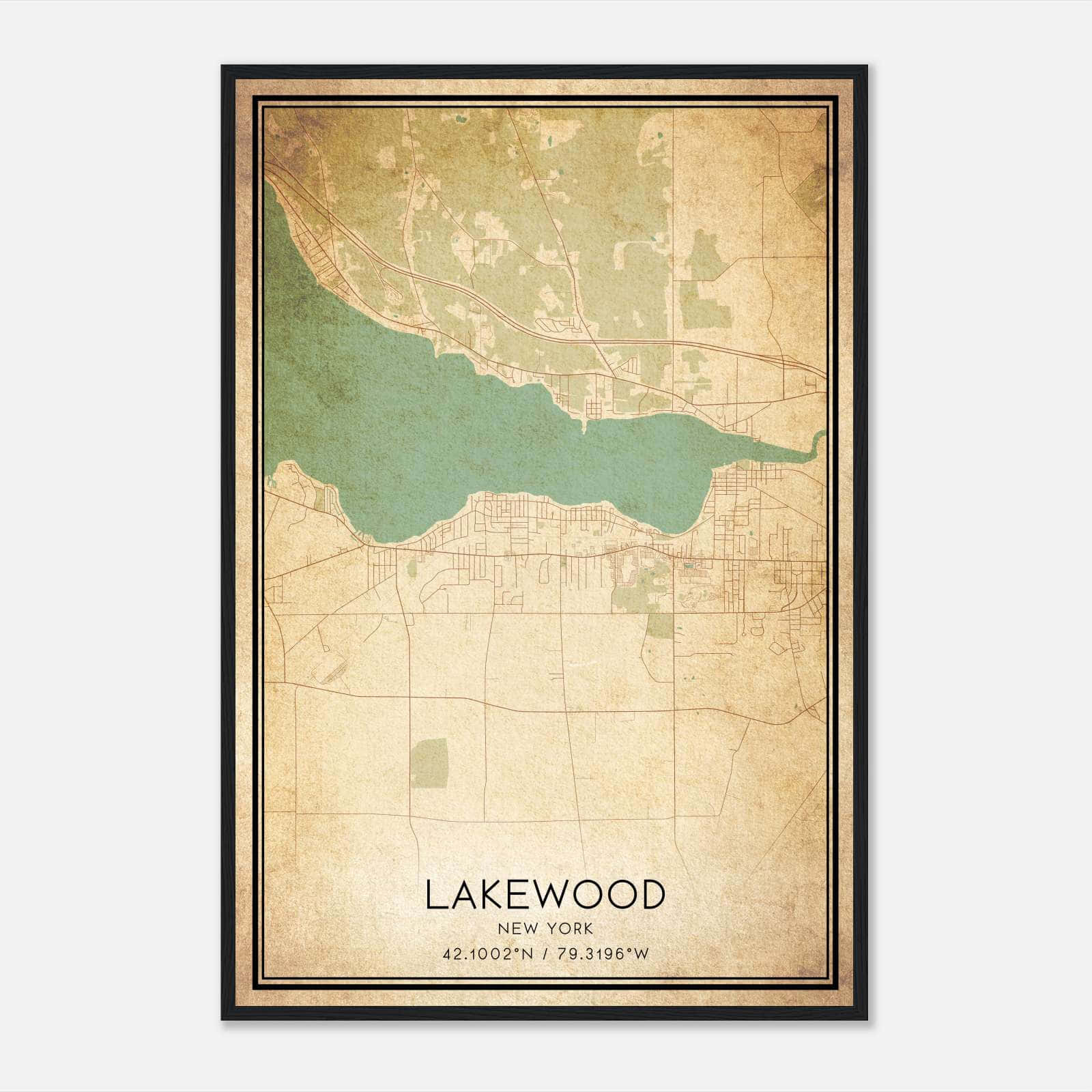 Vintage Lakewood New York Map Poster, Lakewood NY City Road Wall Art ...
