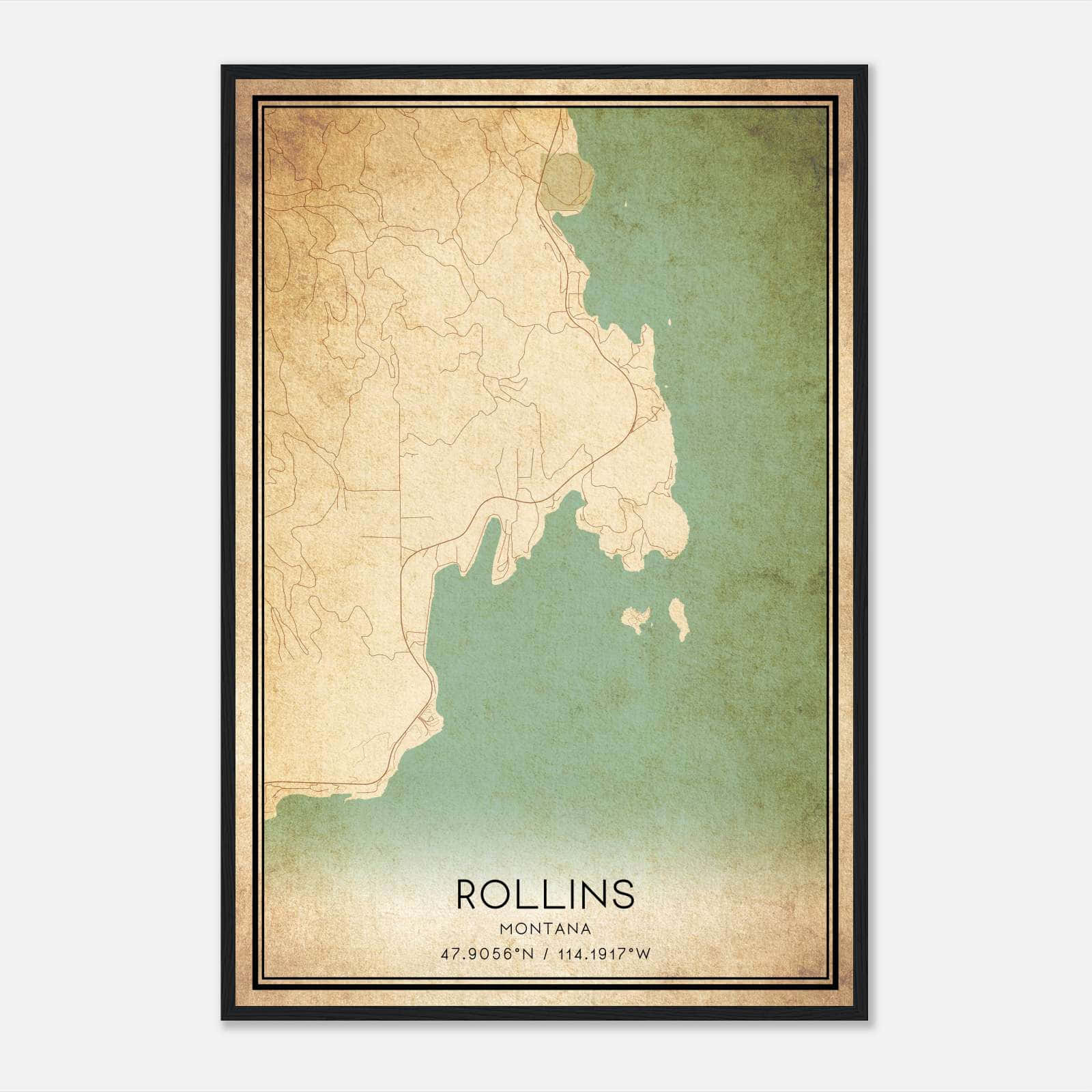 Vintage Rollins Montana Map Poster, Rollins MT City Road Wall Art Print ...