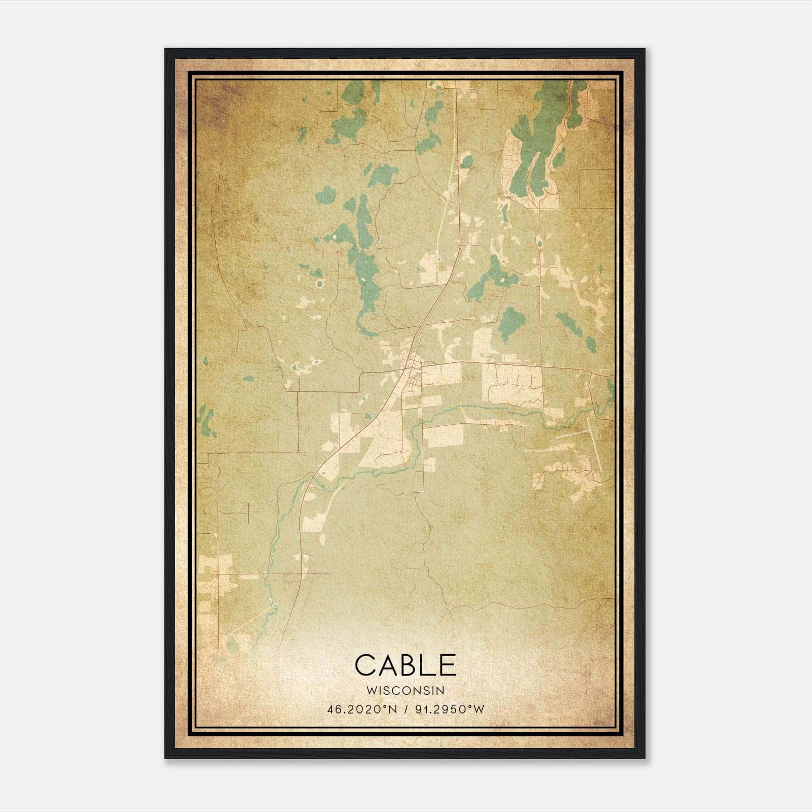 Vintage Cable Wisconsin Map Poster, Cable WI City Road Wall Art Print ...