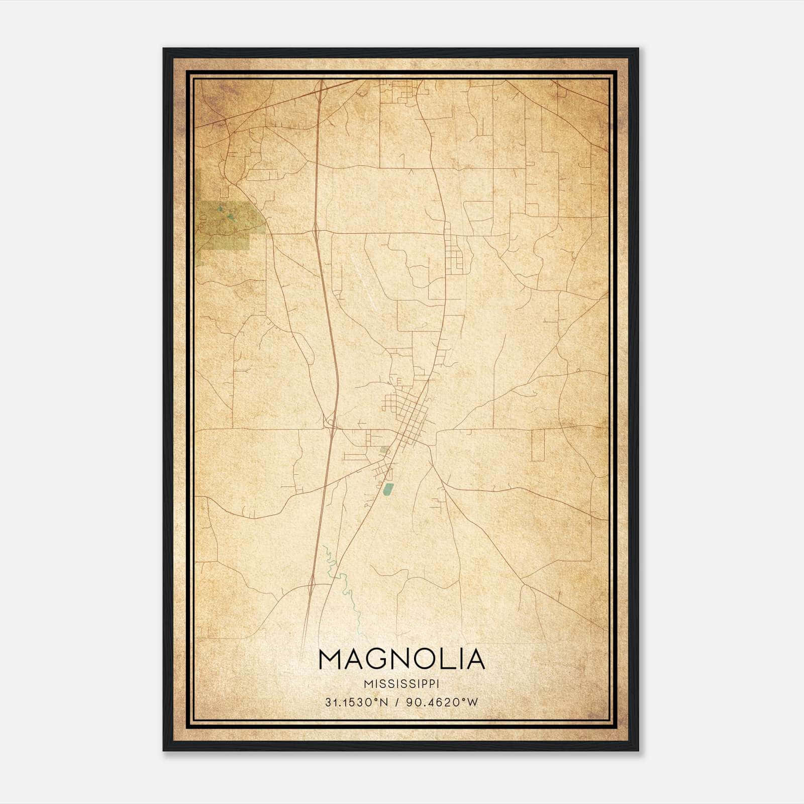 Vintage Magnolia Mississippi Map Poster, Magnolia MS City Road Wall Art ...