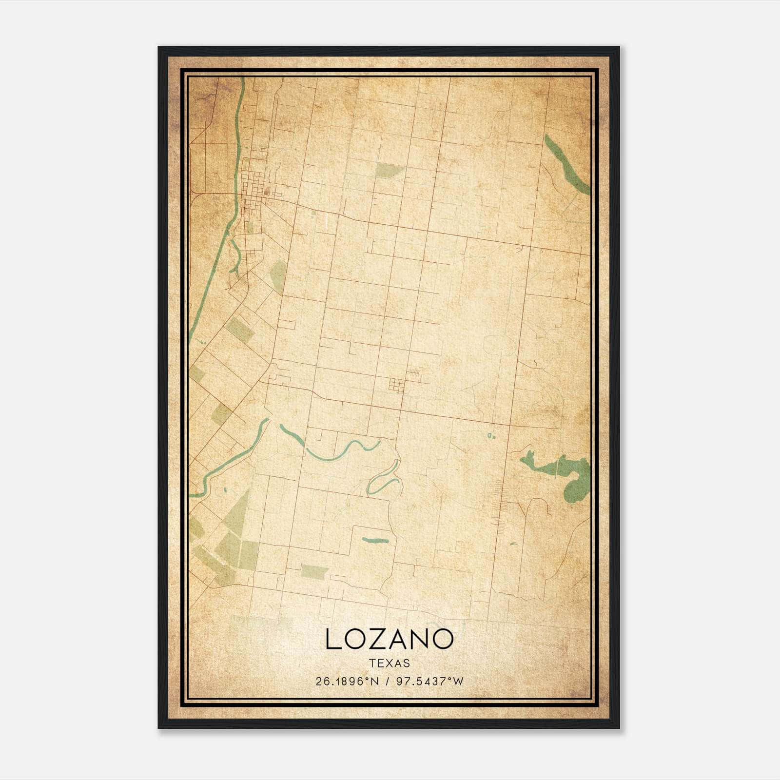Vintage Lozano Texas Map Poster, Lozano TX City Road Wall Art Print - Custom Maps & Posters