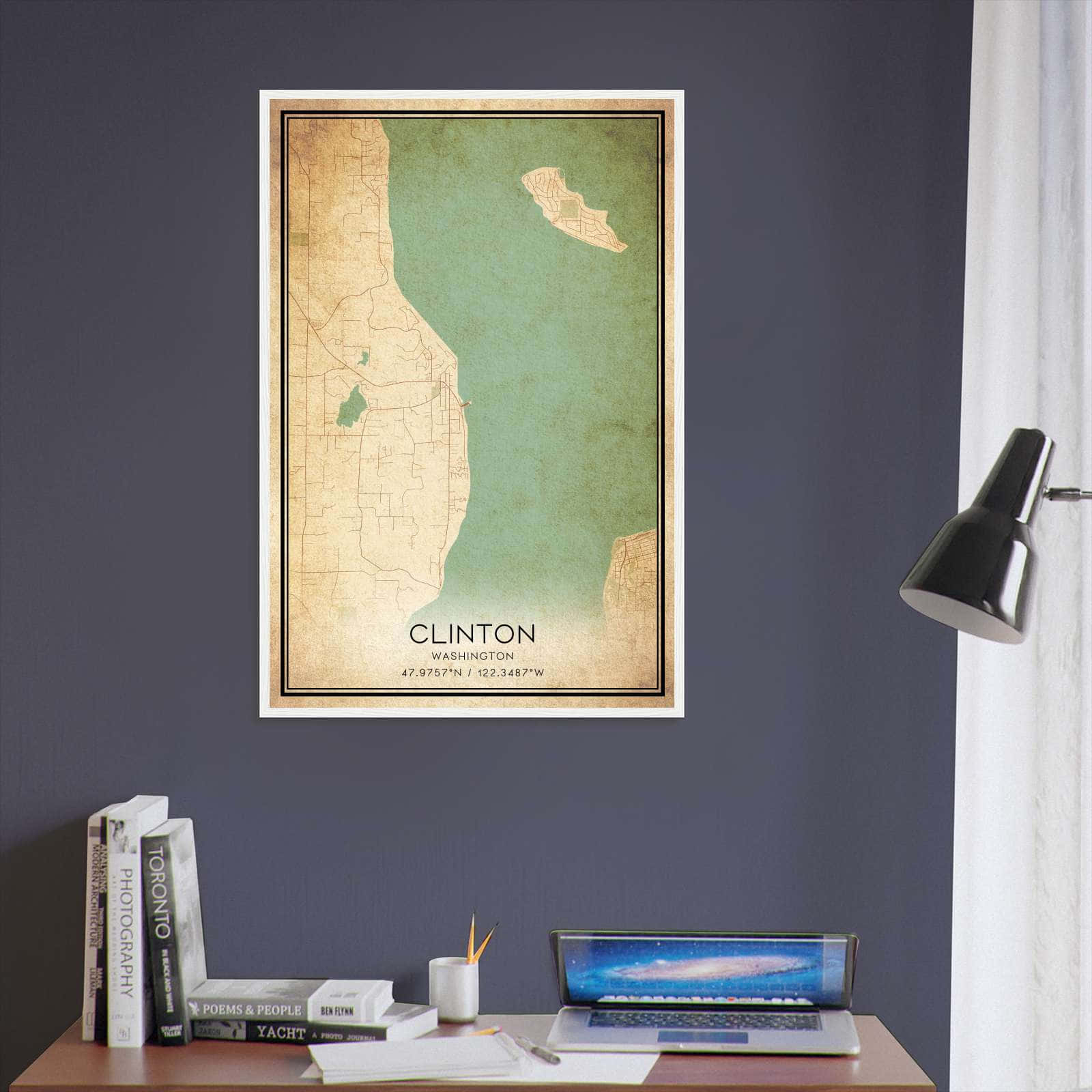 Vintage Clinton Washington Map Poster, Clinton WA City Road Wall Art ...