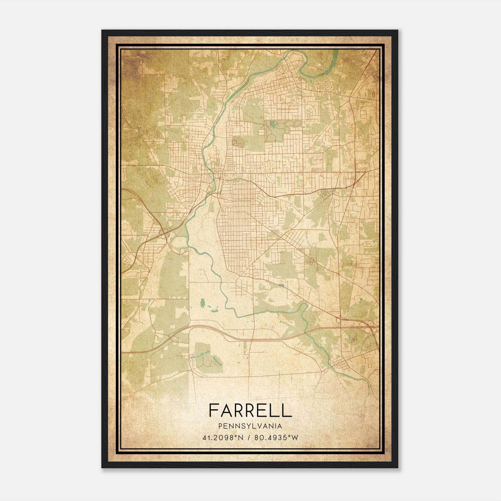 Vintage Farrell Pennsylvania Map Poster, Farrell PA City Road Wall Art ...