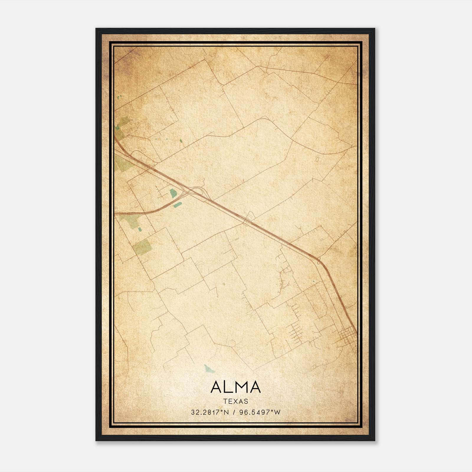 Vintage Alma Texas Map Poster, Alma TX City Road Wall Art Print ...