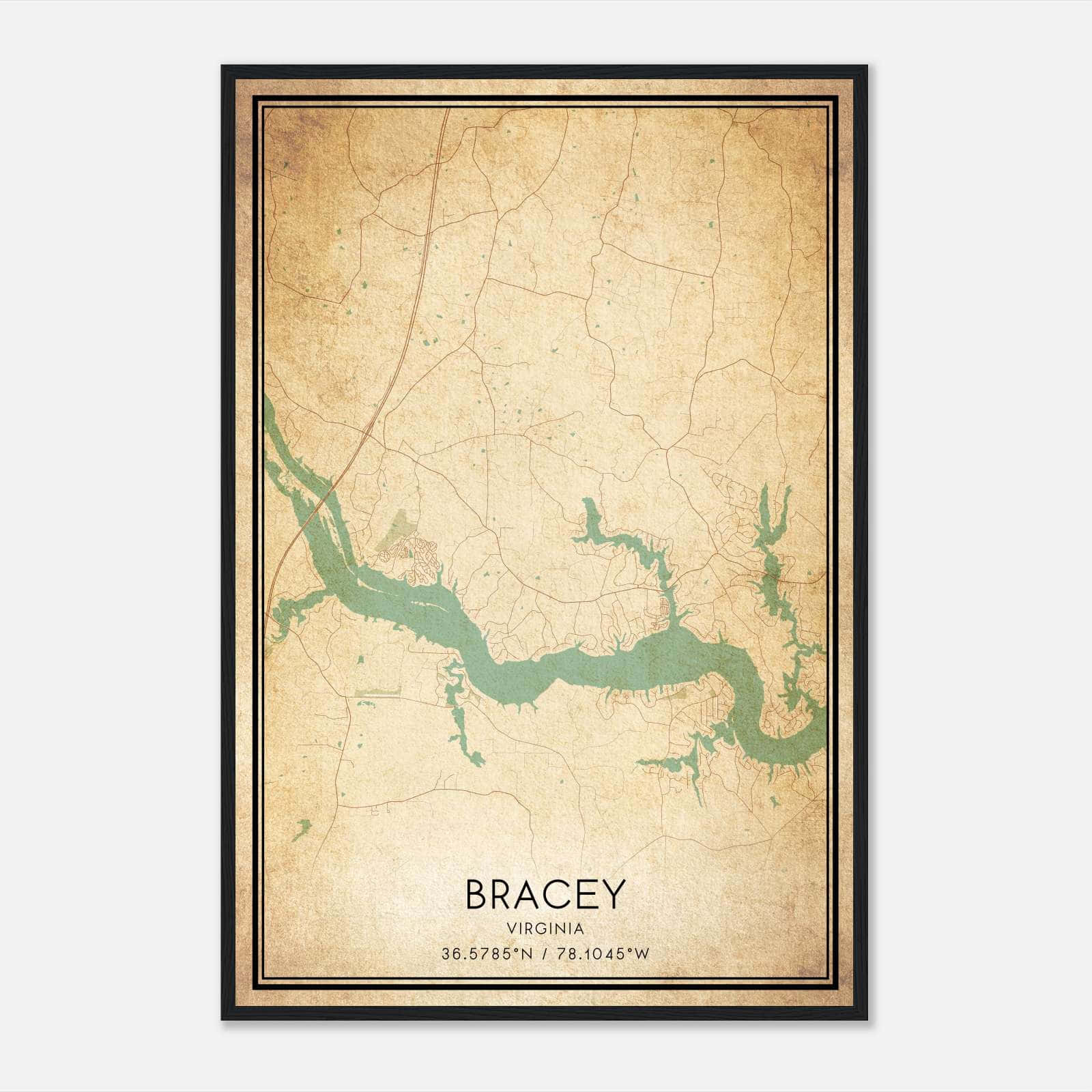Vintage Bracey Virginia Map Poster, Bracey VA City Road Wall Art Print ...