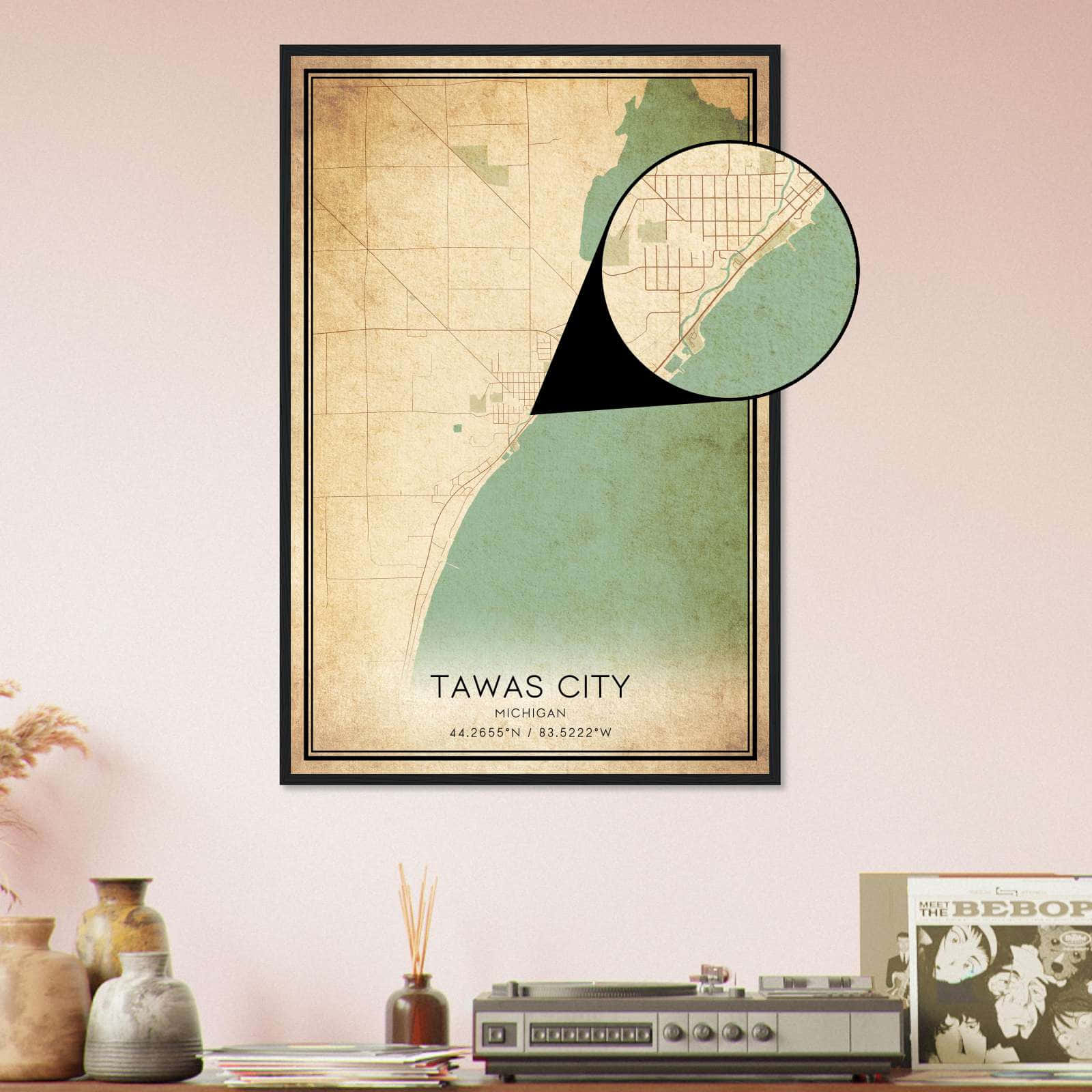 Vintage Tawas City Michigan Map Poster, Tawas City MI City Road Wall ...