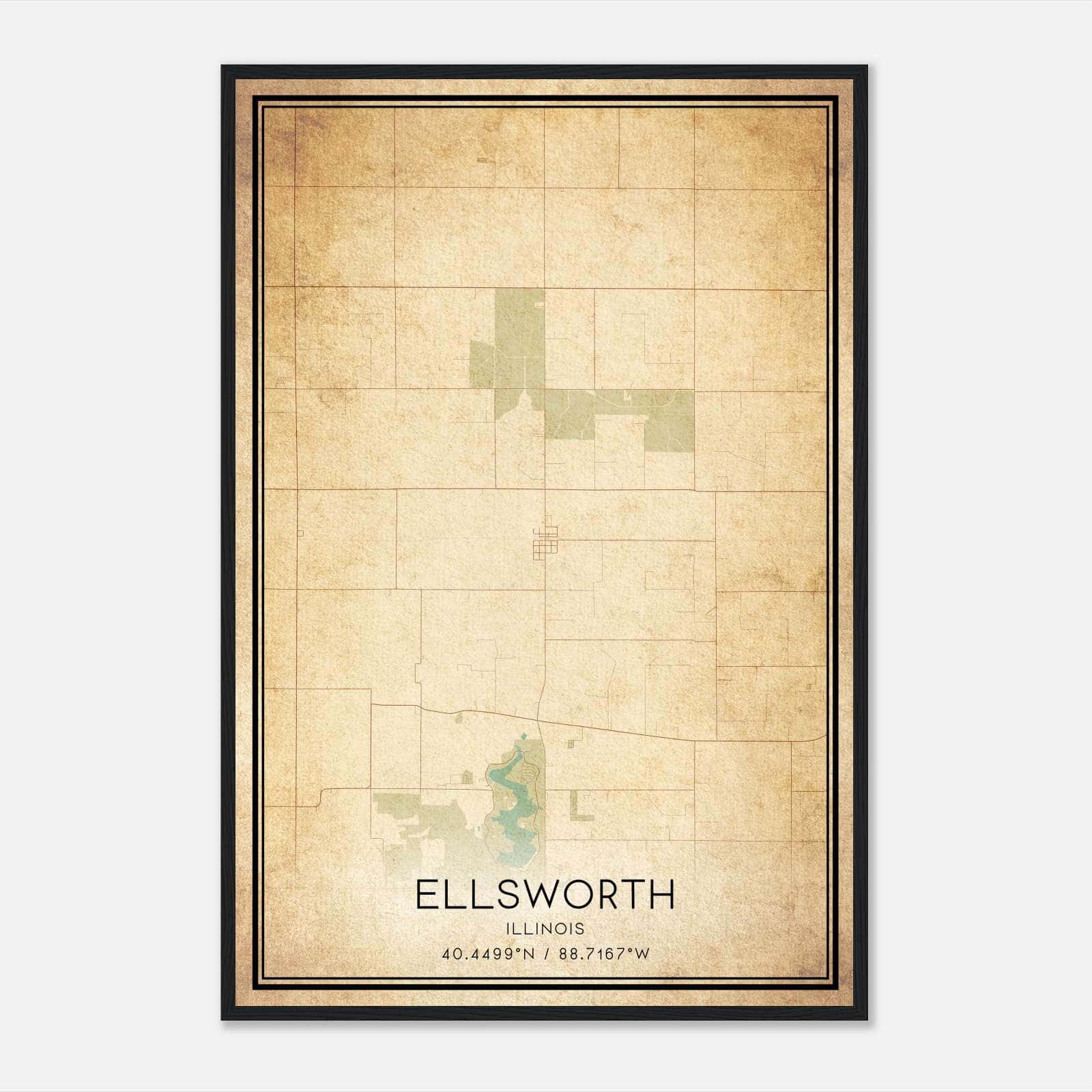 Vintage Ellsworth Illinois Map Poster, Ellsworth IL City Road Wall Art ...