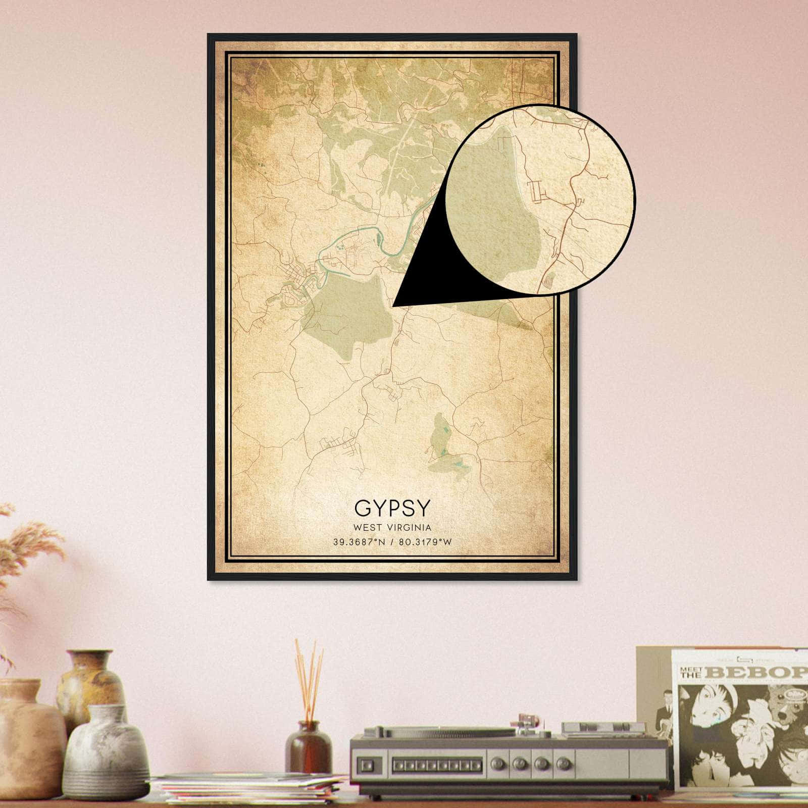 Vintage Gypsy West Virginia Map Poster, Gypsy WV City Road Wall Art ...