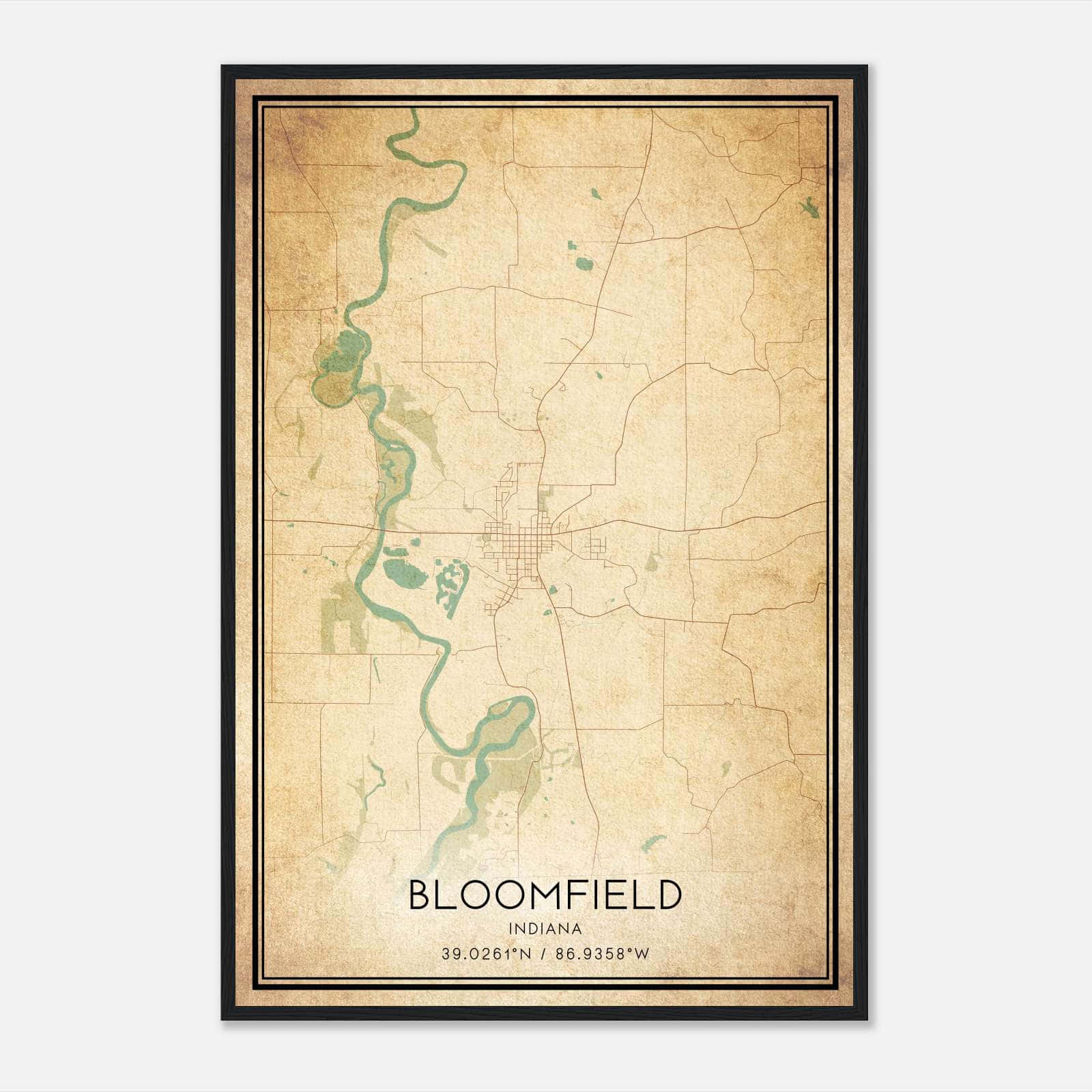 Vintage Bloomfield Indiana Map Poster, Bloomfield IN City Road Wall Art ...