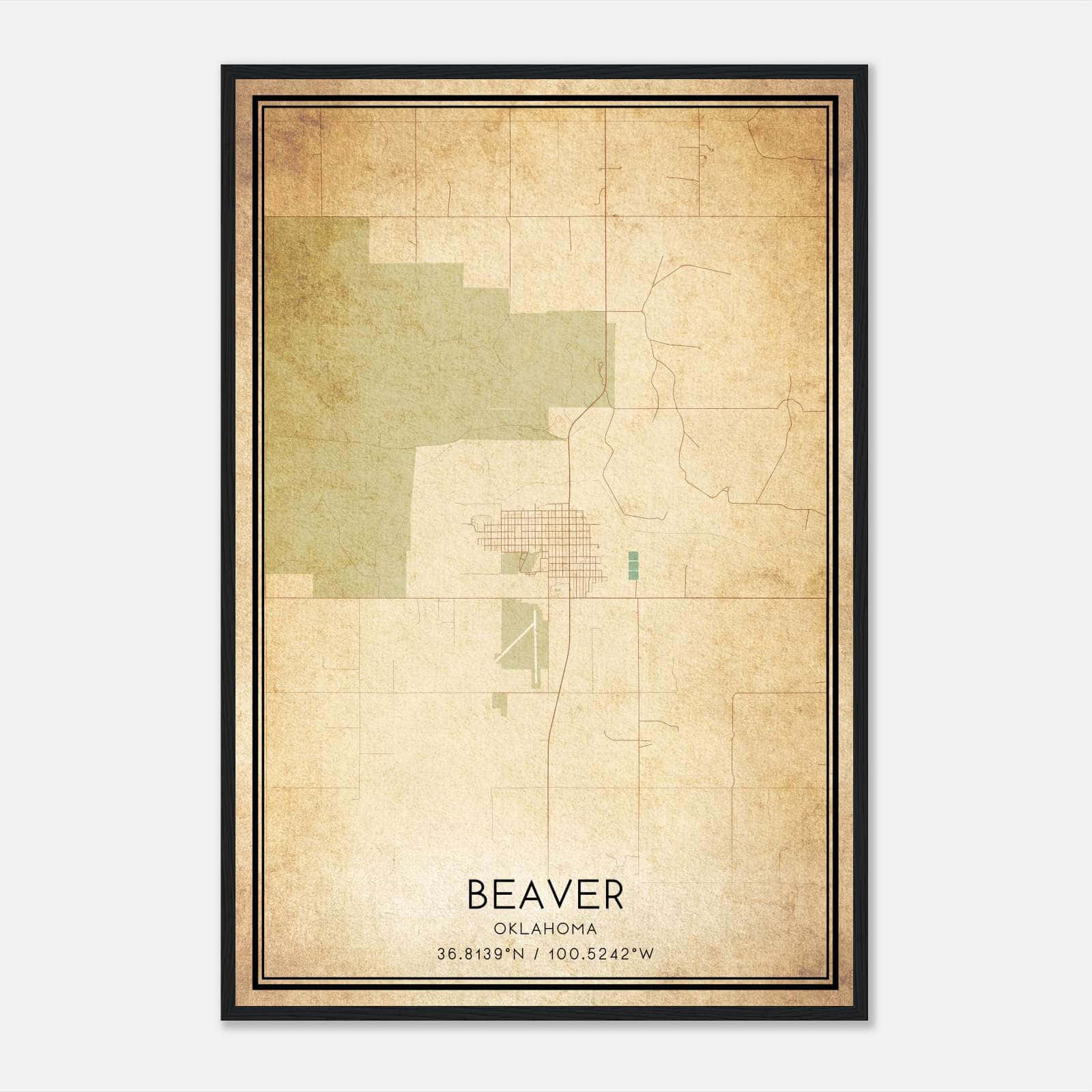 Vintage Beaver Oklahoma Map Poster, Beaver OK City Road Wall Art Print ...