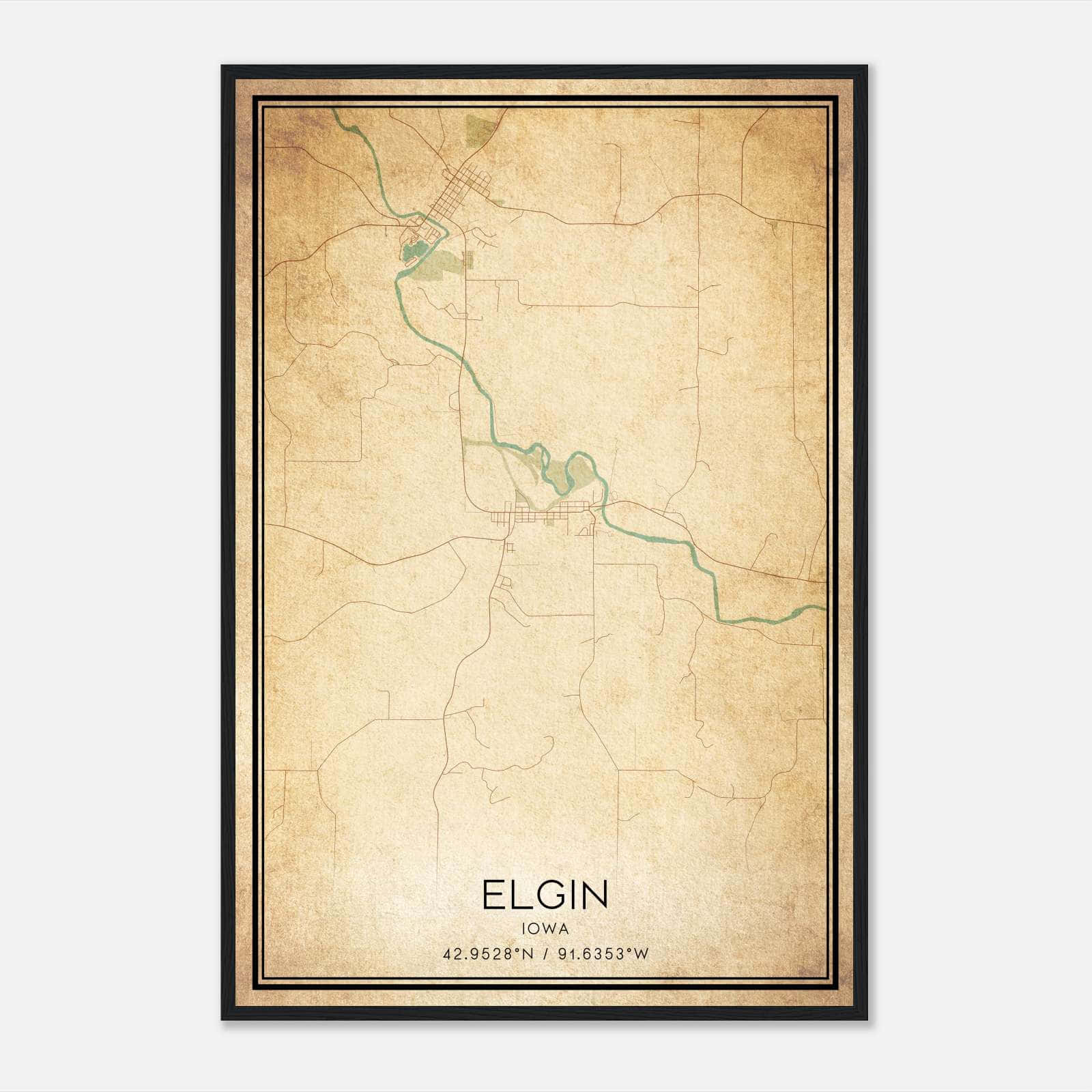 Vintage Elgin Iowa Map Poster, Elgin IA City Road Wall Art Print ...