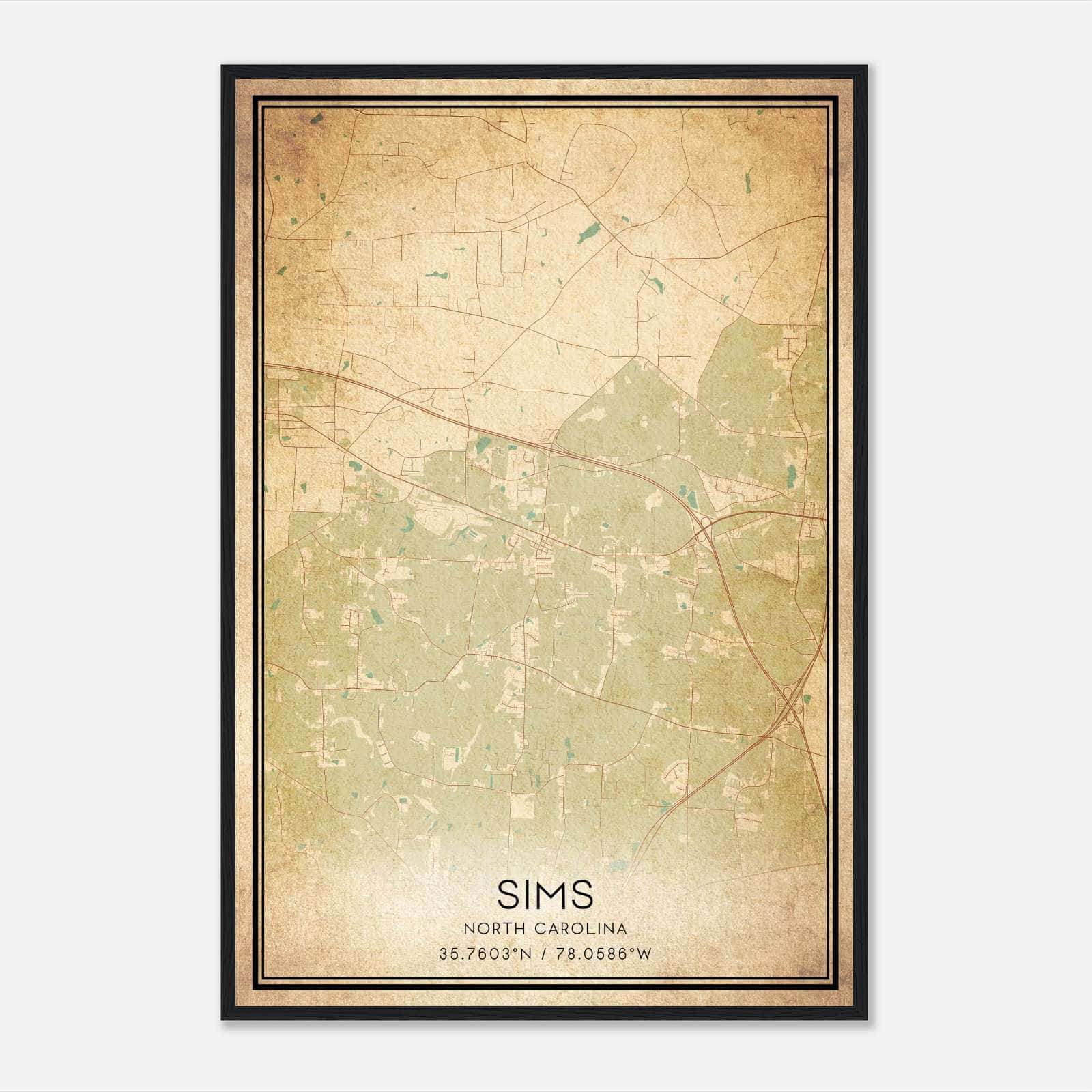 Vintage Sims North Carolina Map Poster, Sims NC City Road Wall Art ...