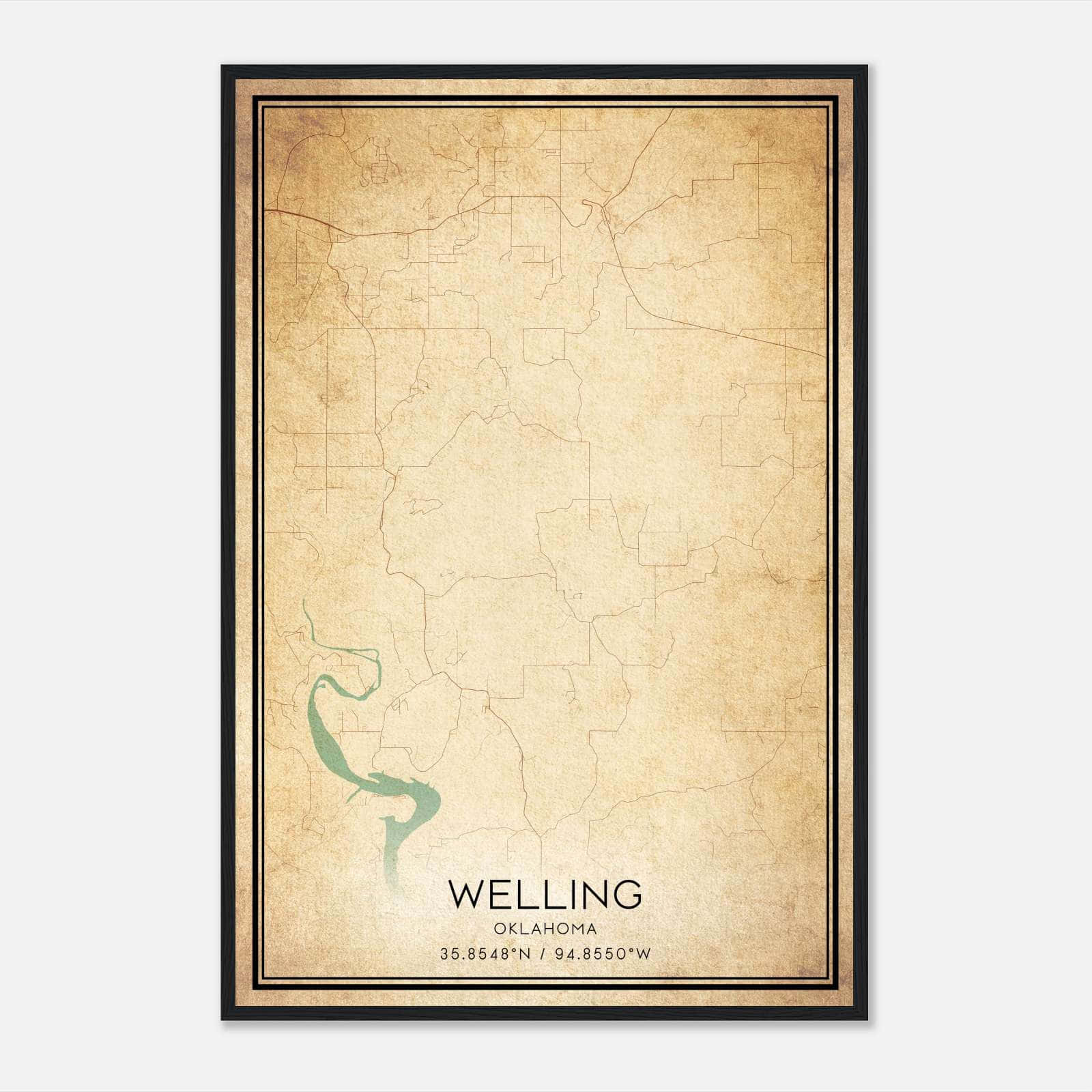 Vintage Welling Oklahoma Map Poster, Welling OK City Road Wall Art ...