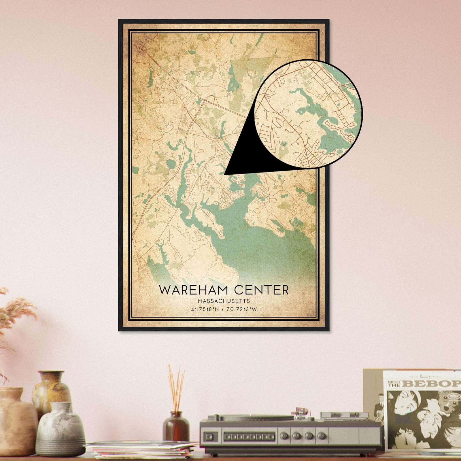 Vintage Wareham Center Massachusetts Map Poster, Wareham Center MA City ...