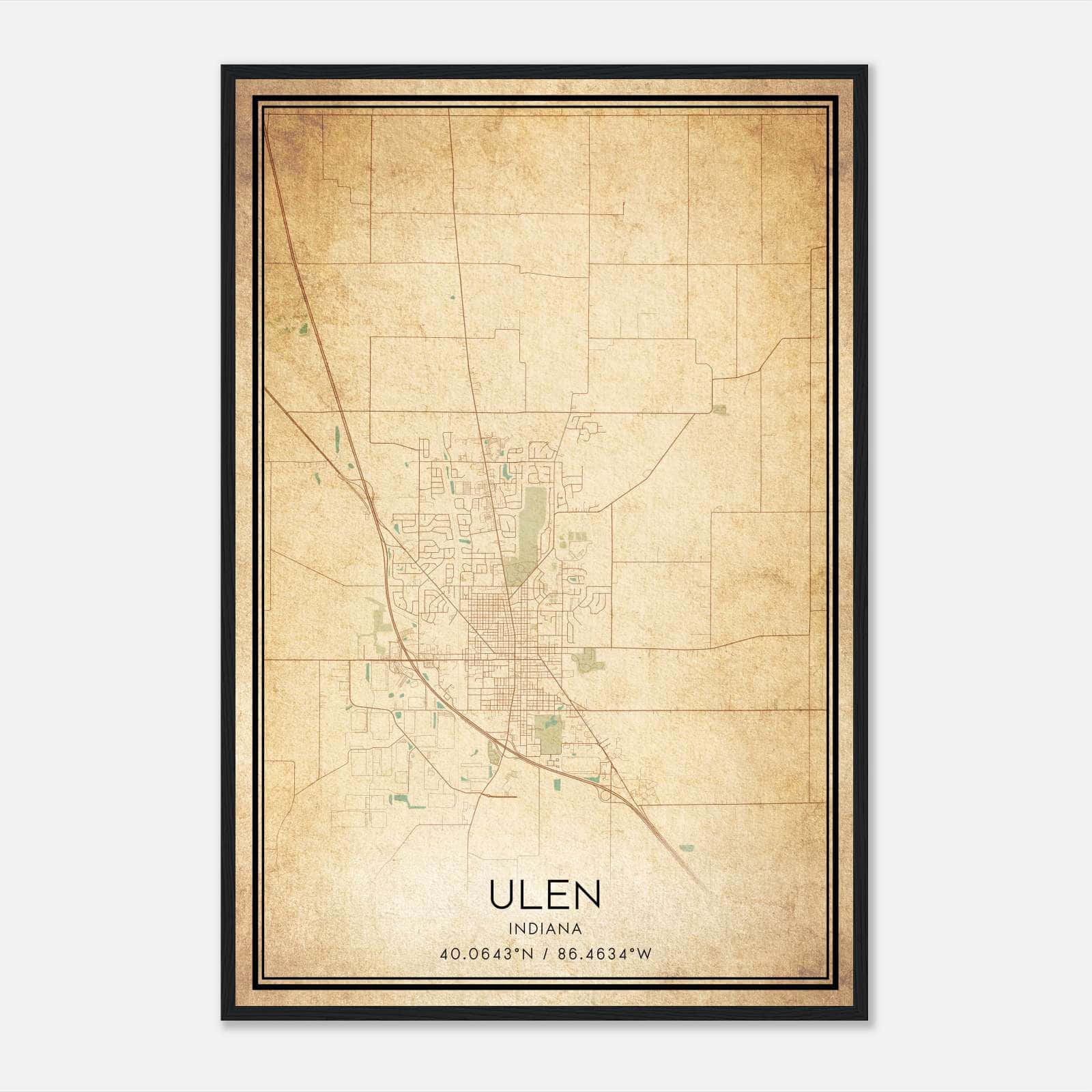 Vintage Ulen Indiana Map Poster, Ulen IN City Road Wall Art Print ...