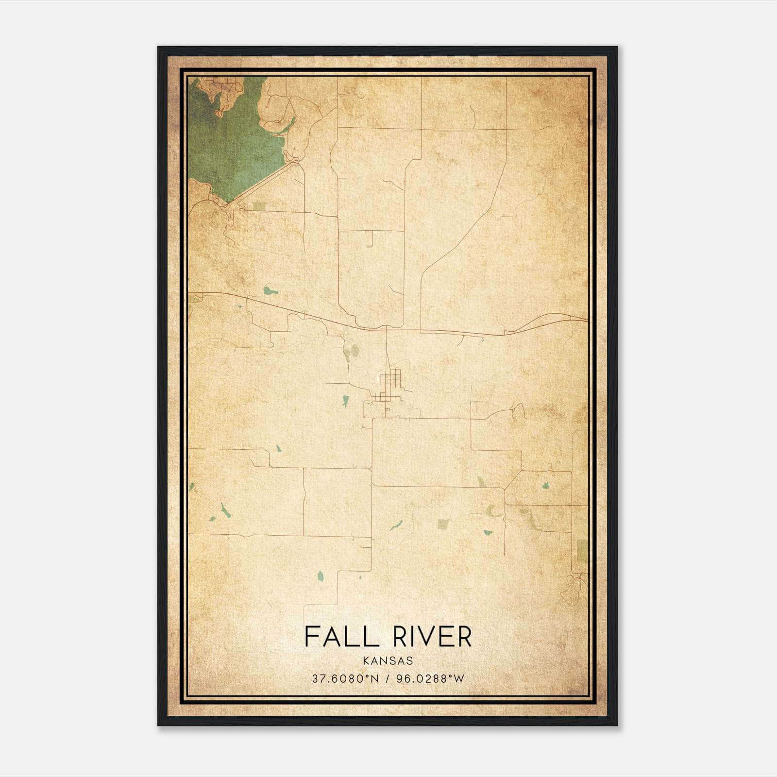 Vintage Fall River Kansas Map Poster, Fall River KS City Road Wall Art ...