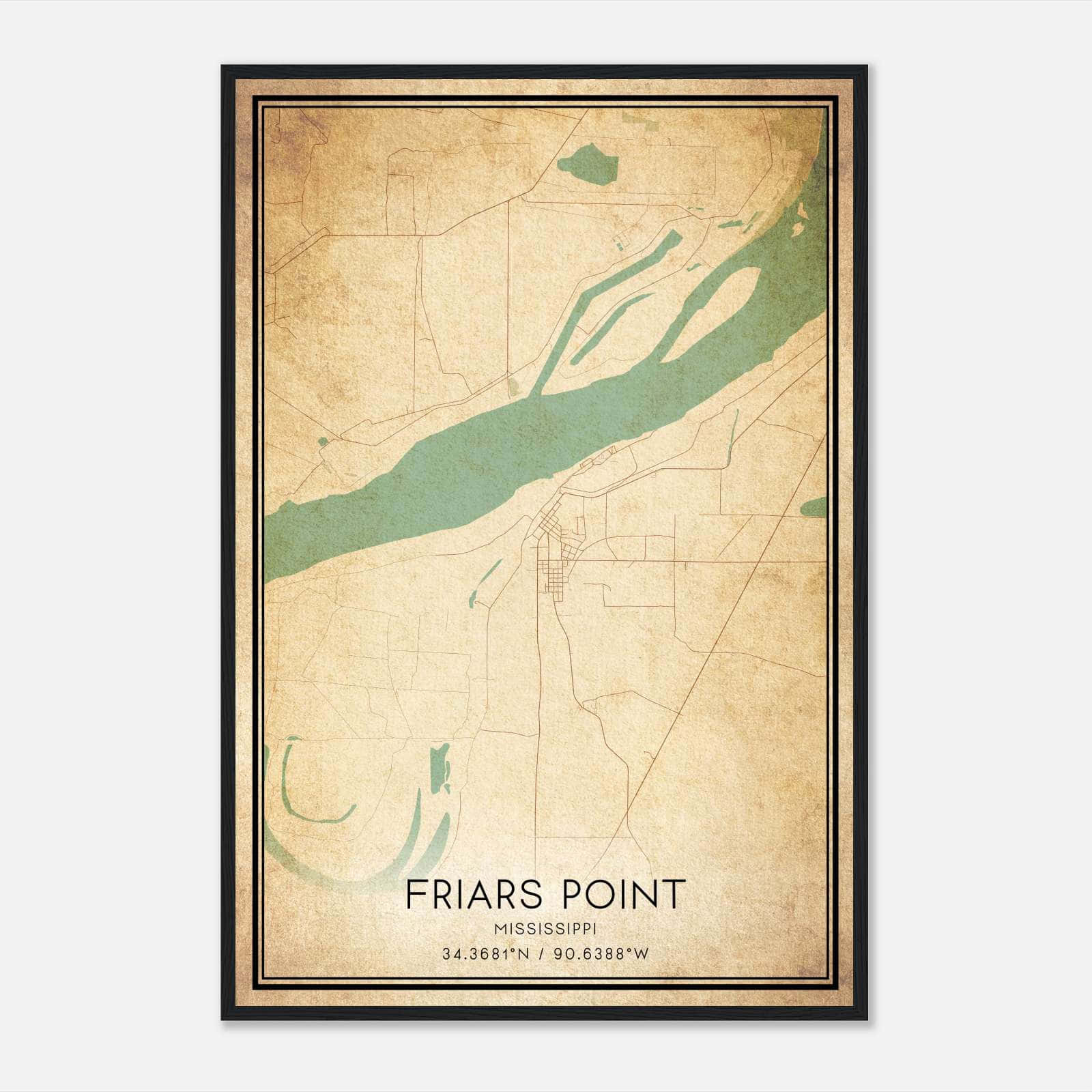 Vintage Friars Point Mississippi Map Poster, Friars Point MS City Road ...