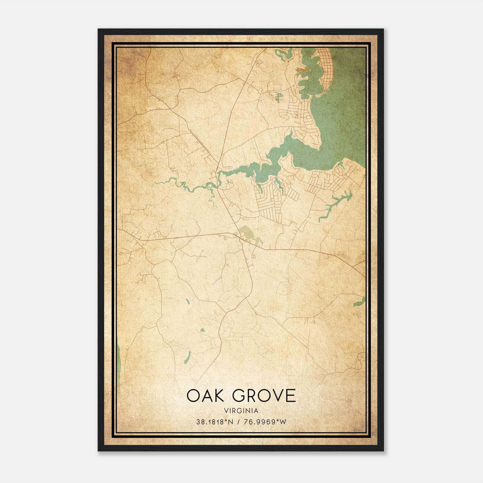 Vintage Oak Grove Virginia Map Poster, Oak Grove VA City Road Wall Art ...