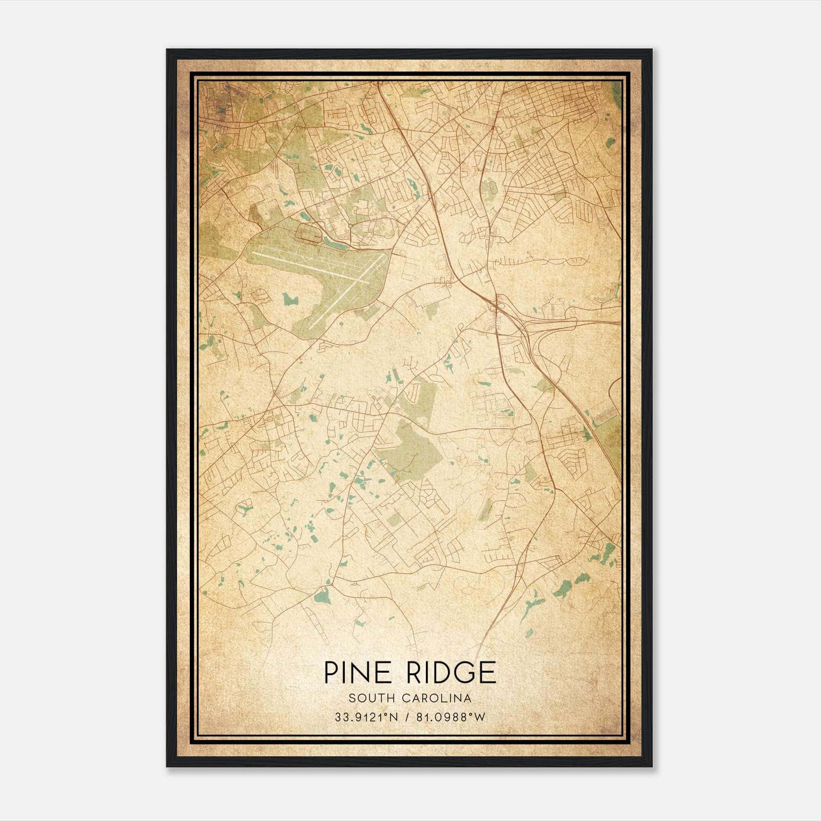 Vintage Pine Ridge South Carolina Map Poster, Pine Ridge SC City Road ...
