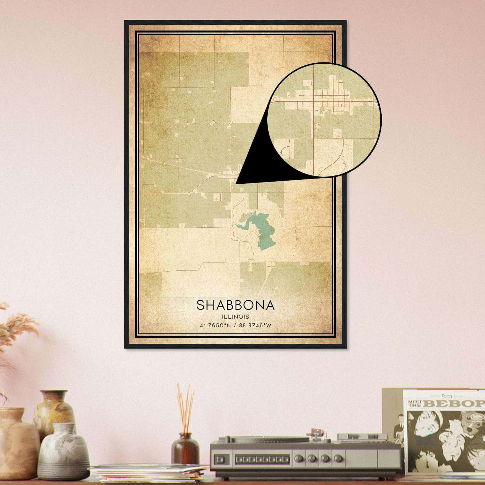 Vintage Shabbona Illinois Map Poster, Shabbona IL City Road Wall Art ...