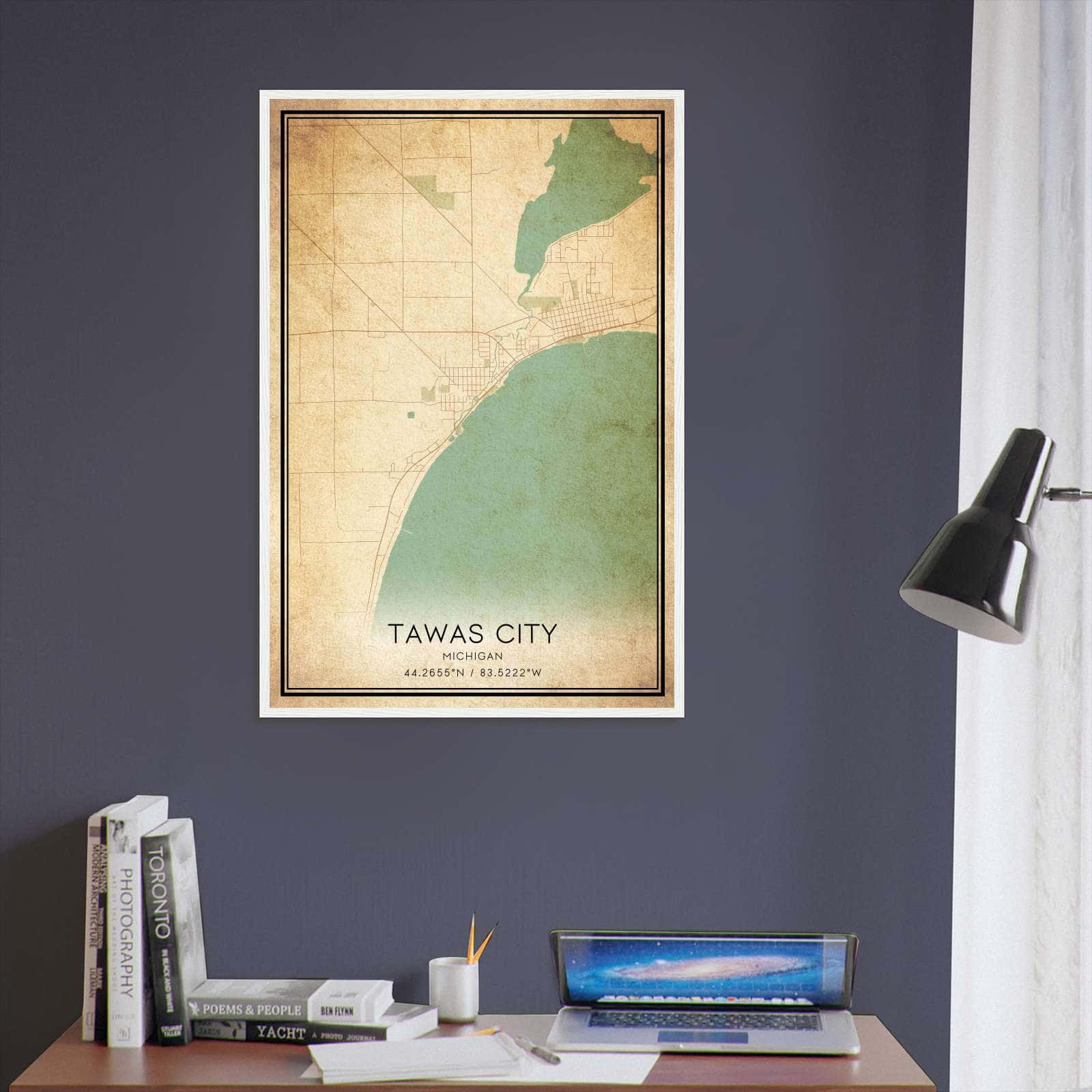 Vintage Tawas City Michigan Map Poster, Tawas City MI City Road Wall ...