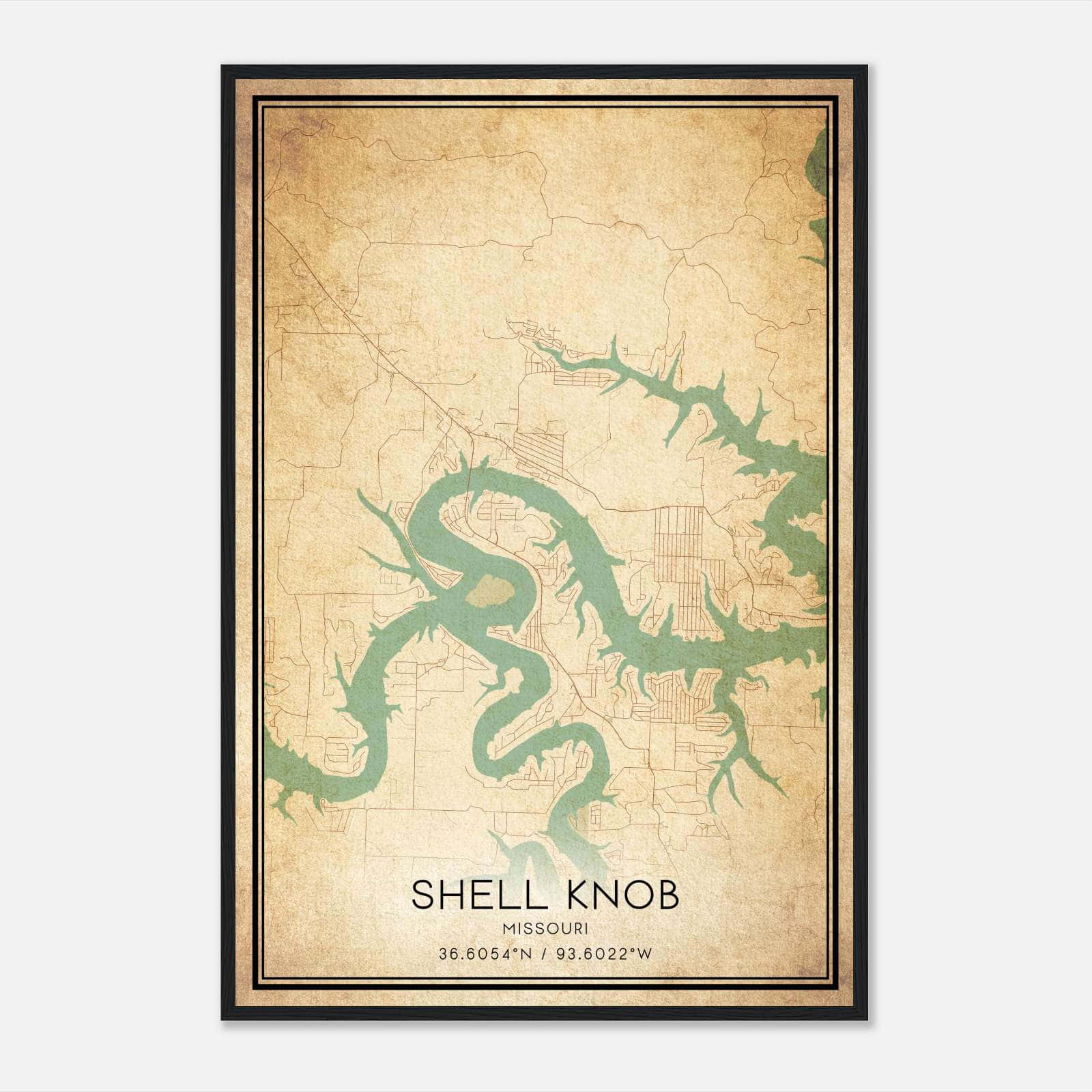 Vintage Shell Knob Missouri Map Poster, Shell Knob MO City Road Wall ...