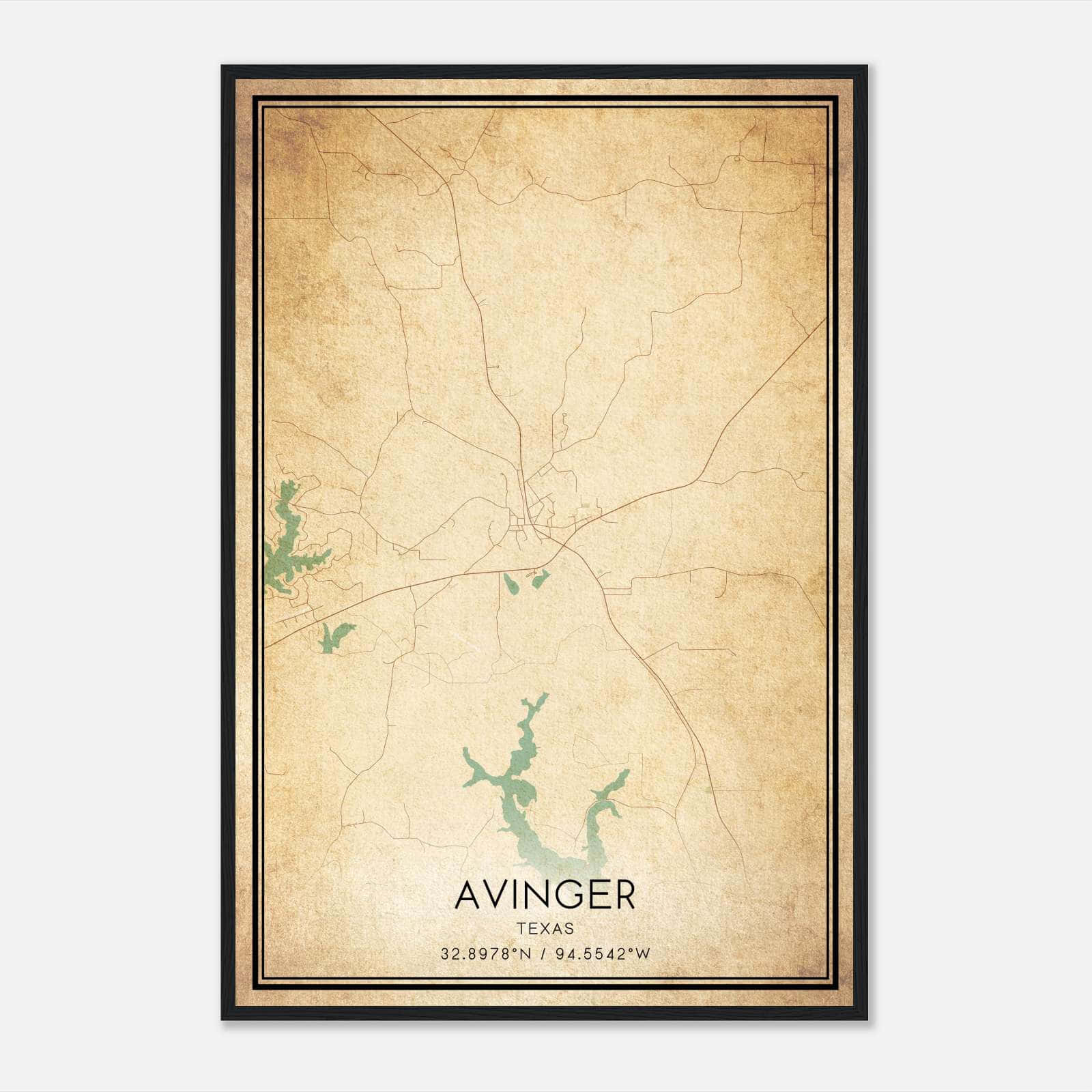 Vintage Avinger Texas Map Poster, Avinger TX City Road Wall Art Print ...