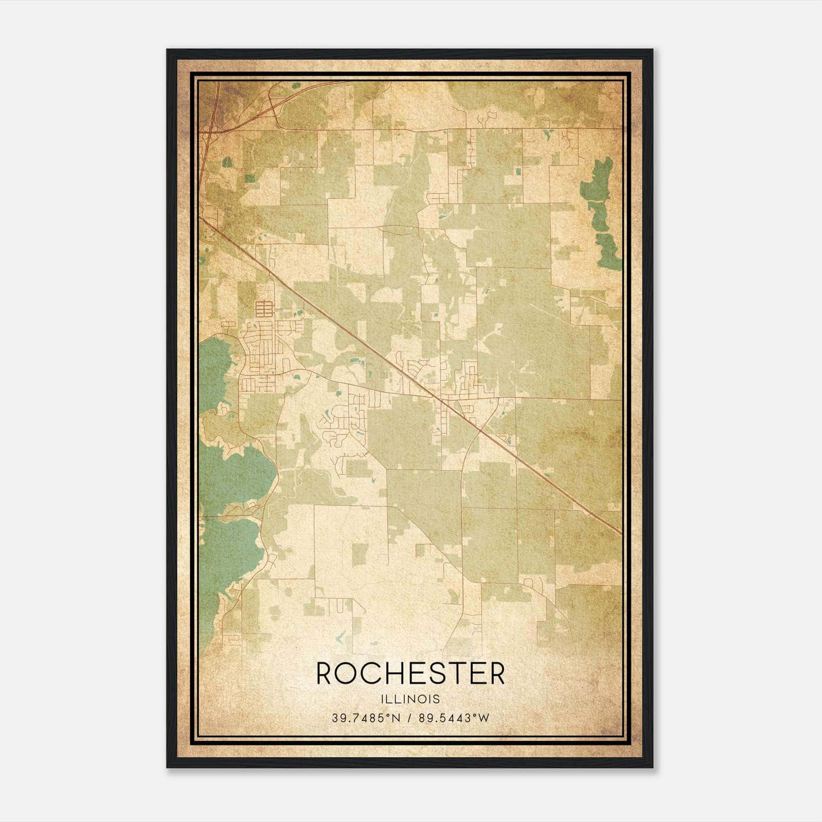 Vintage Rochester Illinois Map Poster, Rochester IL City Road Wall Art ...
