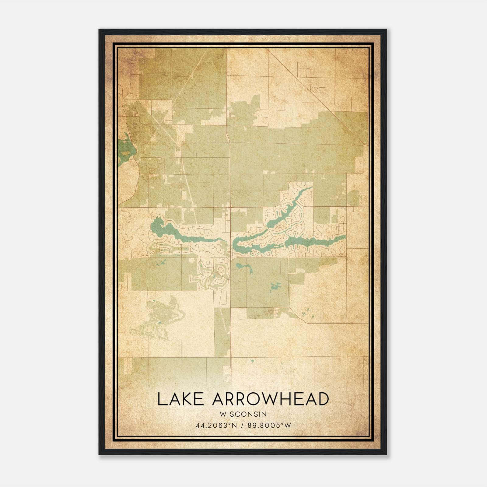 Vintage Lake Arrowhead Wisconsin Map Poster, Lake Arrowhead WI City ...