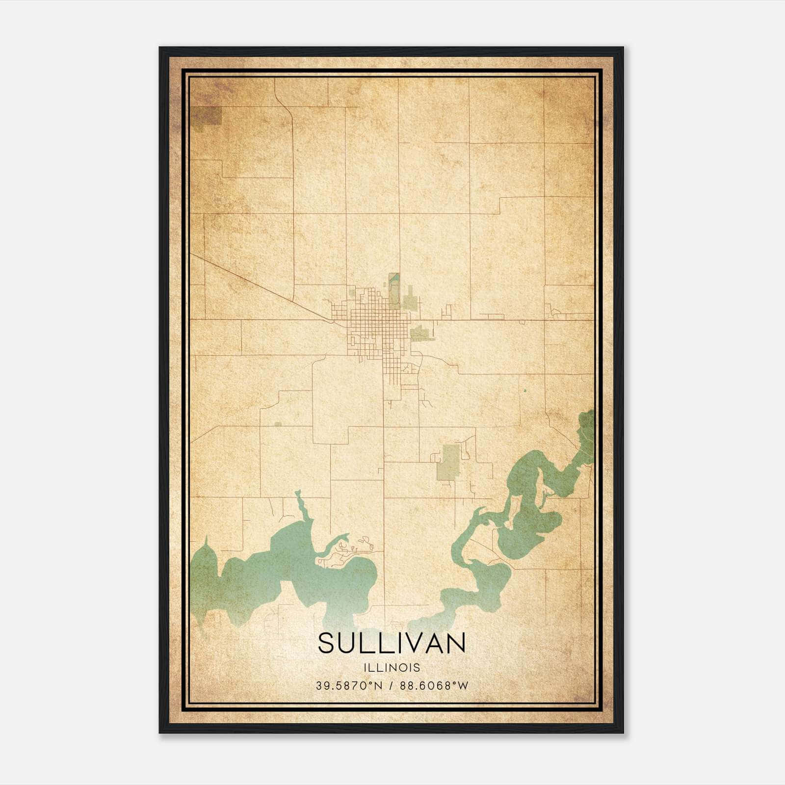 Vintage Sullivan Illinois Map Poster, Sullivan IL City Road Wall Art ...