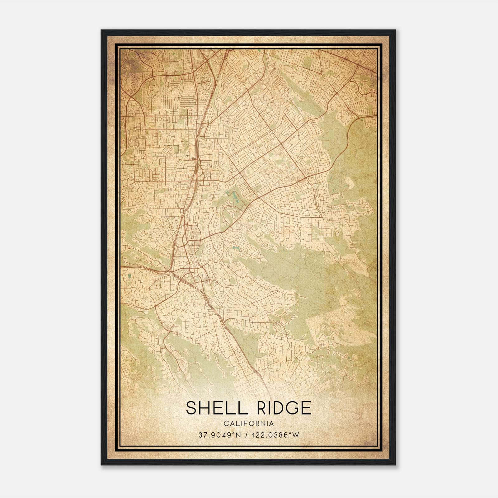 Vintage Shell Ridge California Map Poster, Shell Ridge CA City Road ...