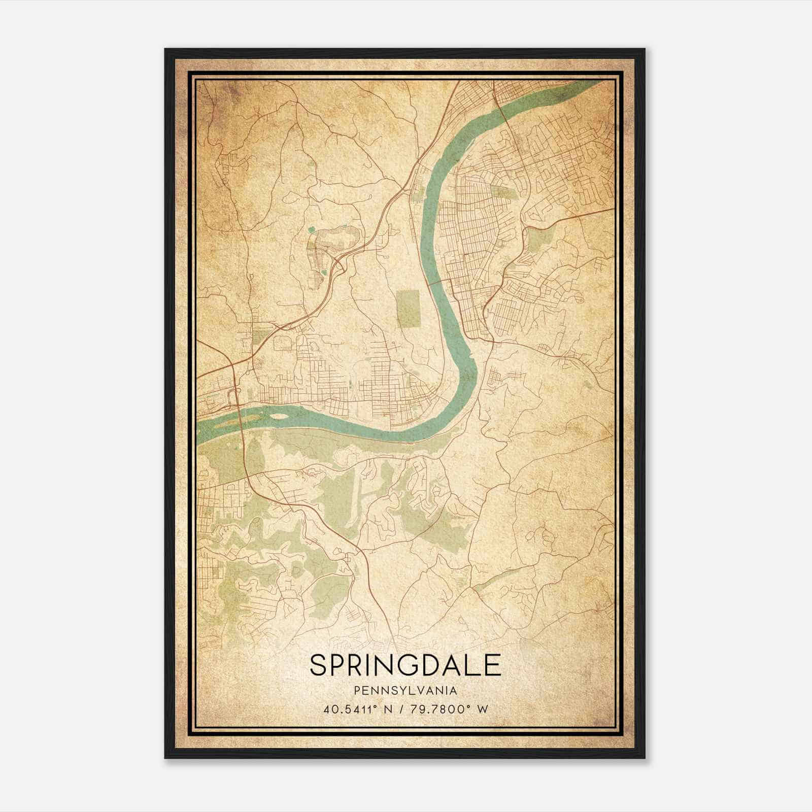 Vintage Springdale Pennsylvania Map Poster, Springdale PA City Road ...