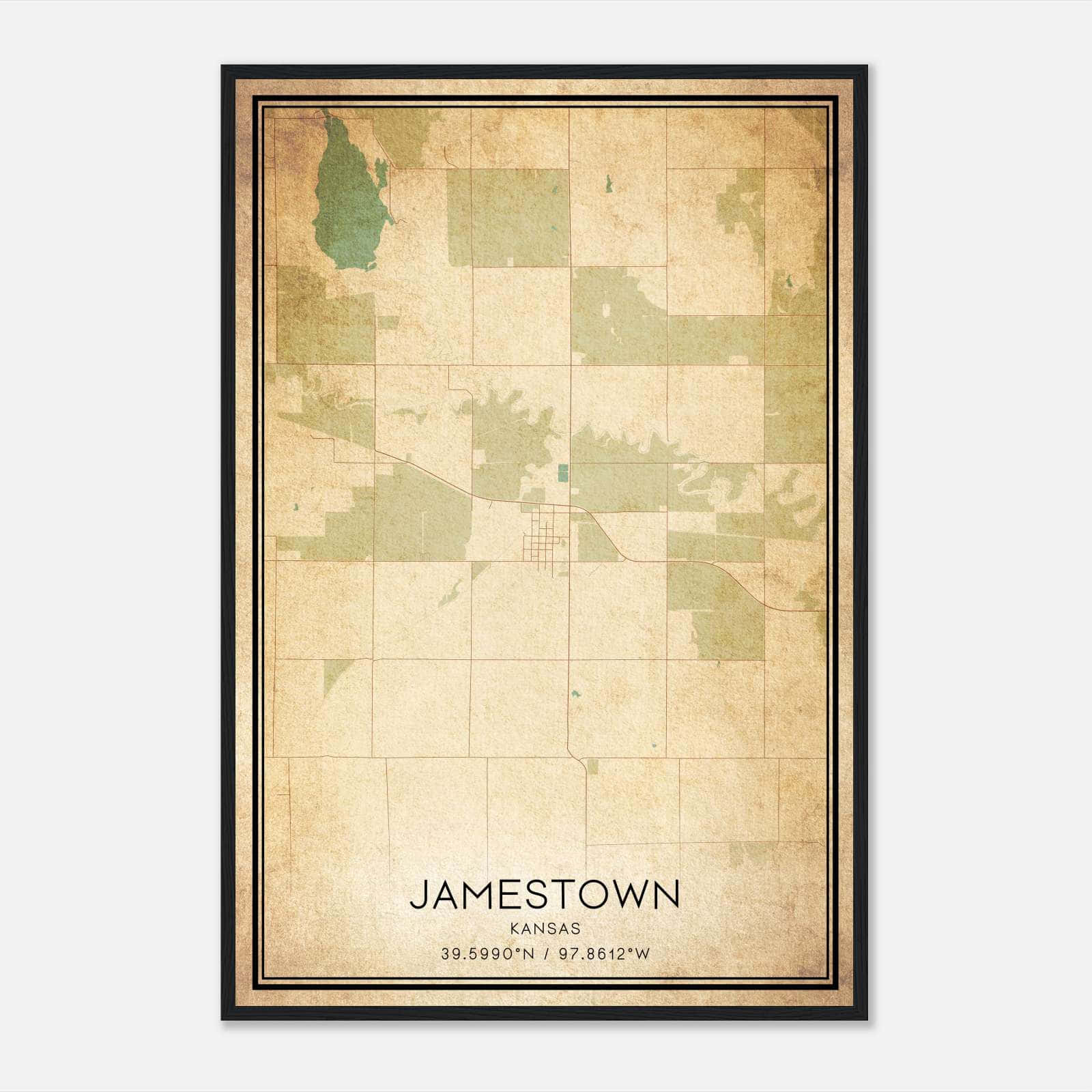 Vintage Jamestown Kansas Map Poster, Jamestown KS City Road Wall Art Print - Custom Maps & Posters