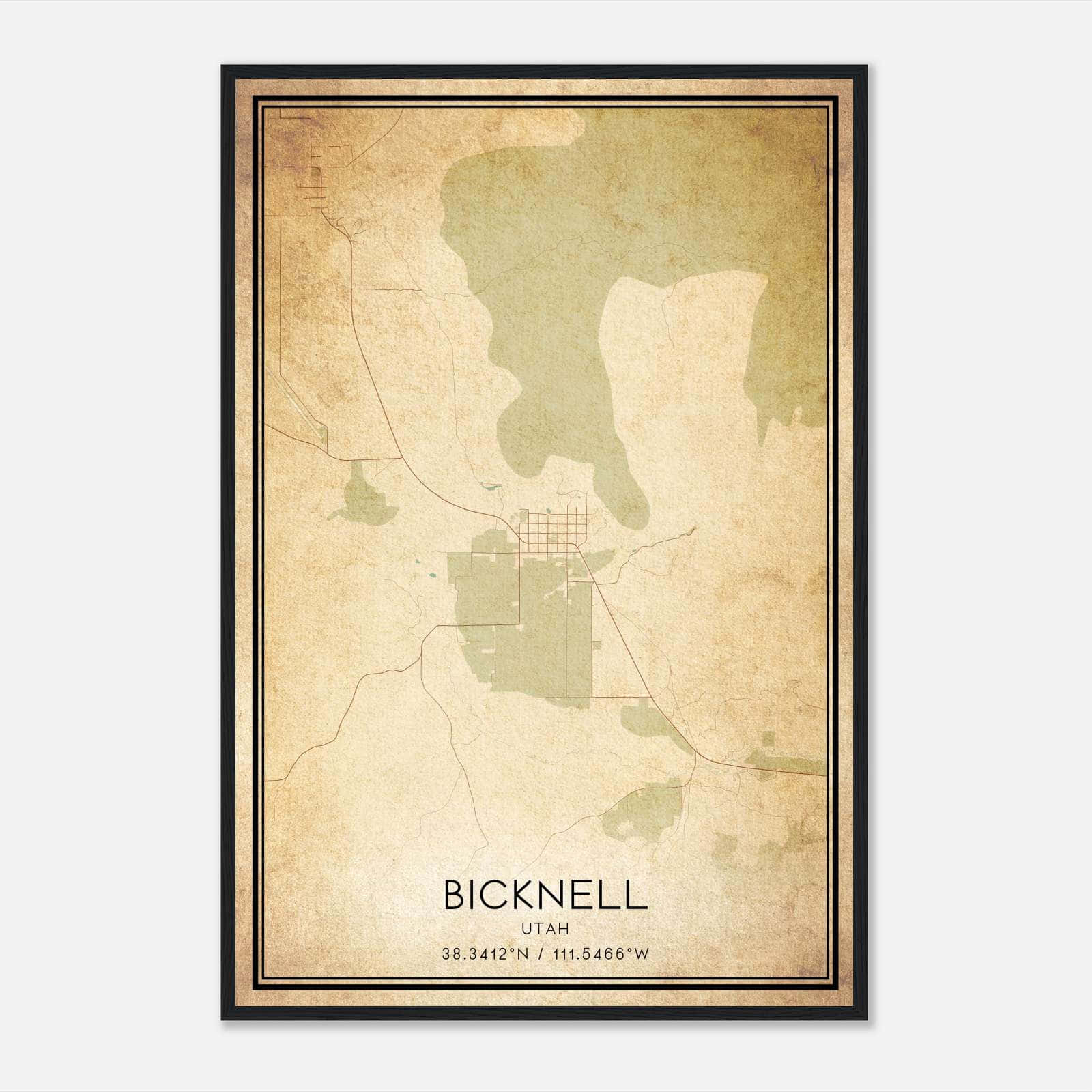 Vintage Bicknell Utah Map Poster, Bicknell UT City Road Wall Art Print ...