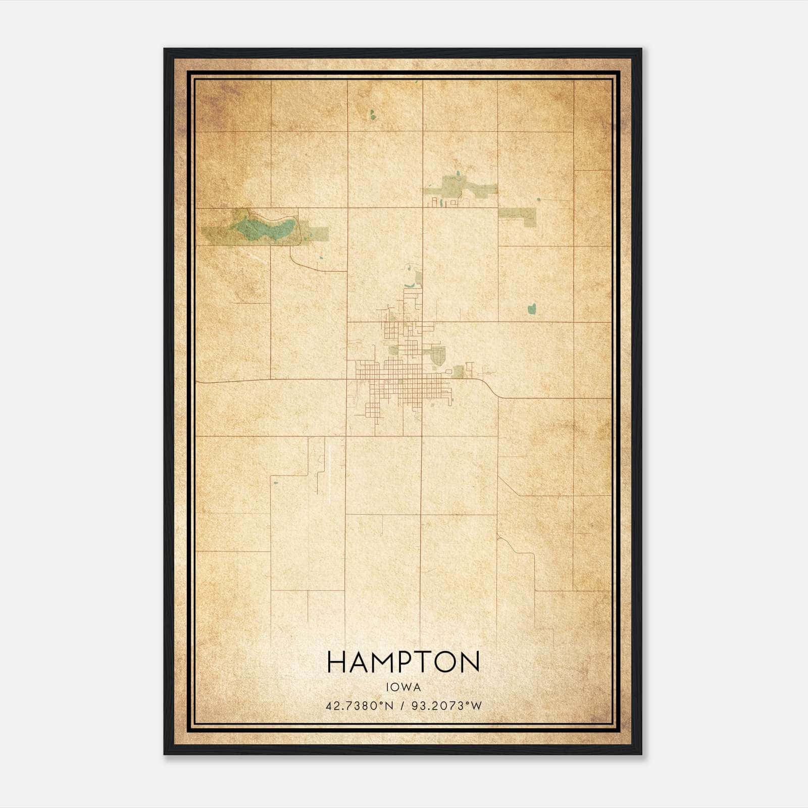 Vintage Hampton Iowa Map Poster, Hampton IA City Road Wall Art Print ...