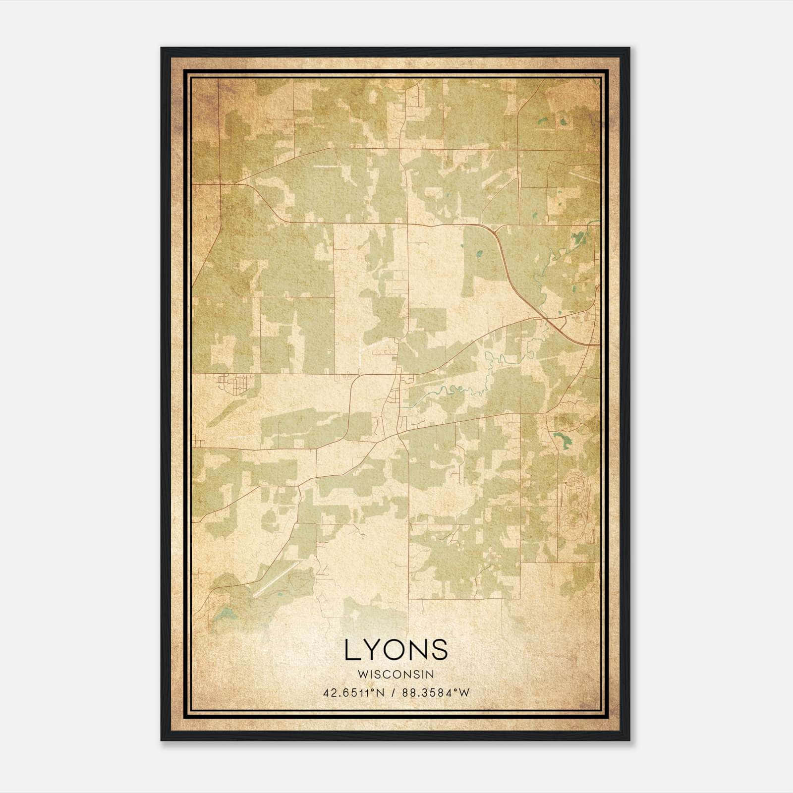 Vintage Lyons Wisconsin Map Poster, Lyons WI City Road Wall Art Print ...