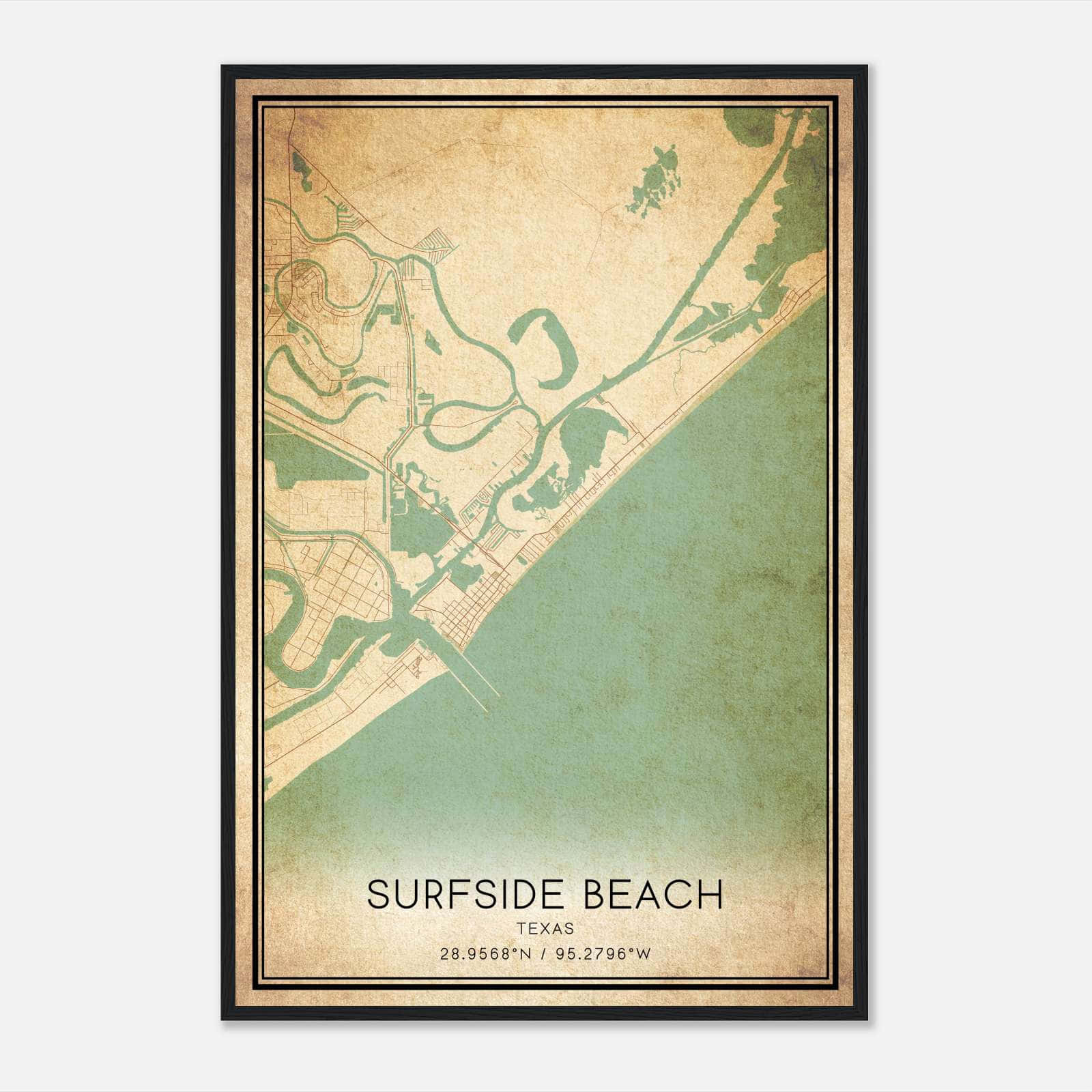 Vintage Surfside Beach Texas Map Poster, Surfside Beach TX City Road ...