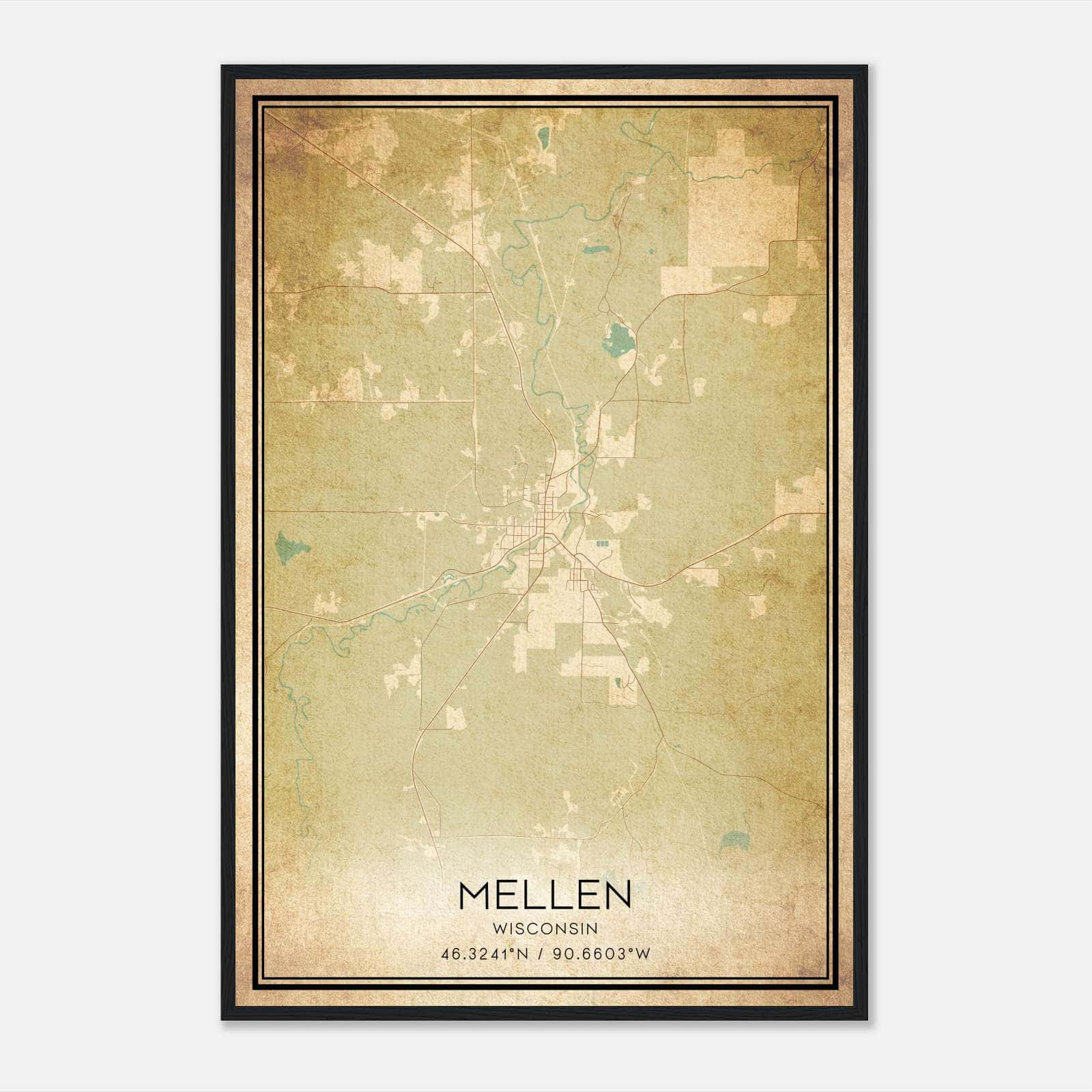 Vintage Mellen Wisconsin Map Poster, Mellen WI City Road Wall Art Print ...