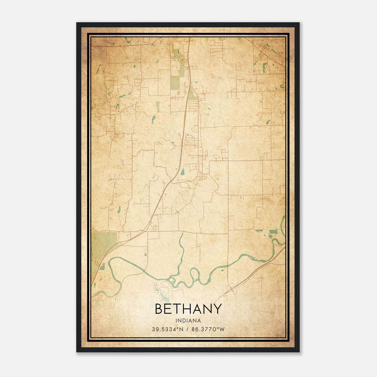 Vintage Bethany Indiana Map Poster, Bethany IN City Road Wall Art Print ...