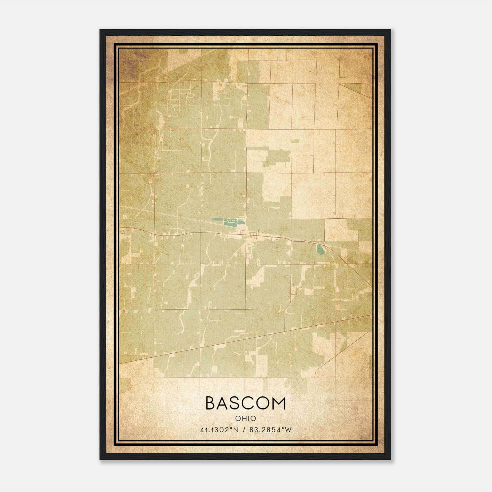 Vintage Bascom Ohio Map Poster, Bascom OH City Road Wall Art Print ...
