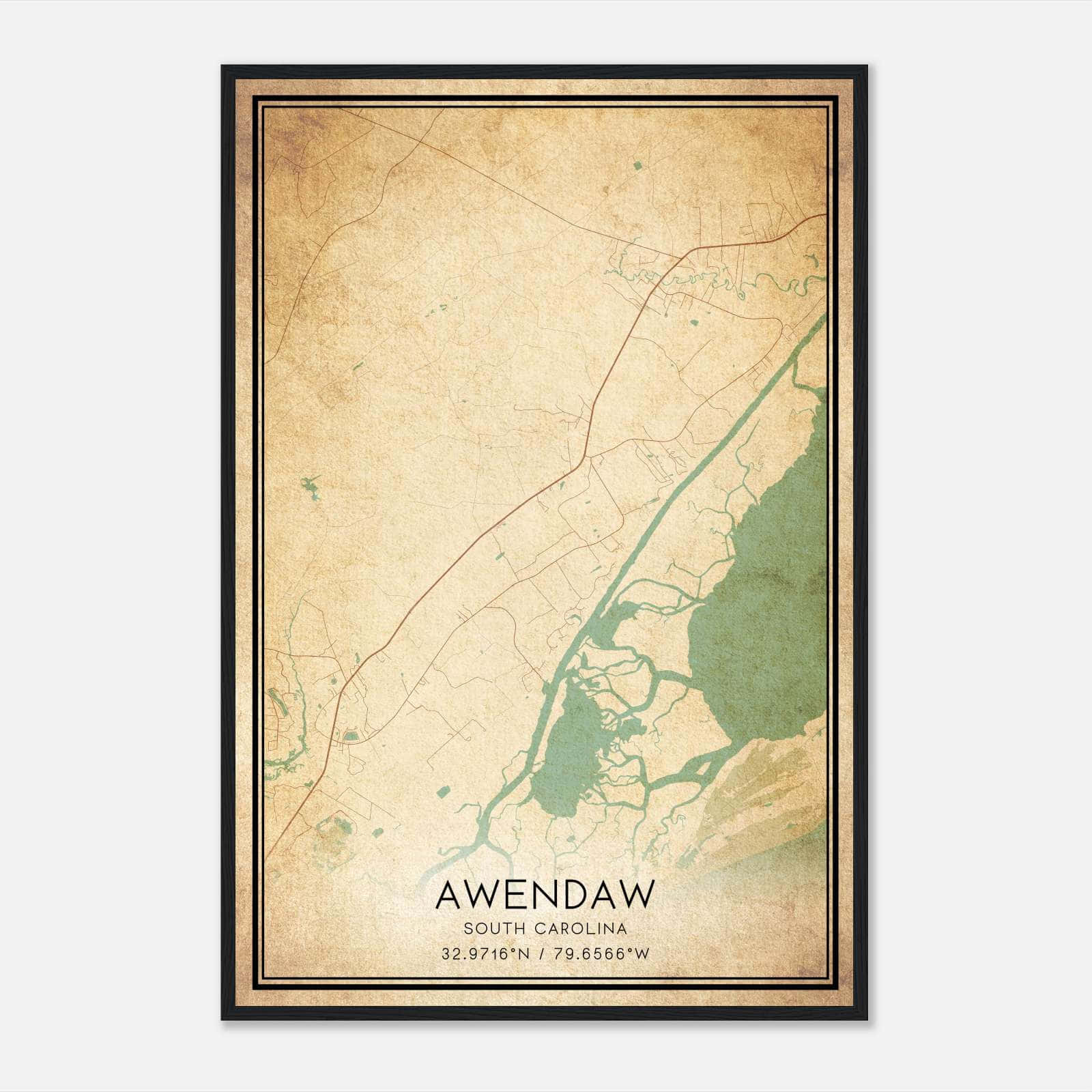 Vintage Awendaw South Carolina Map Poster, Awendaw SC City Road Wall ...