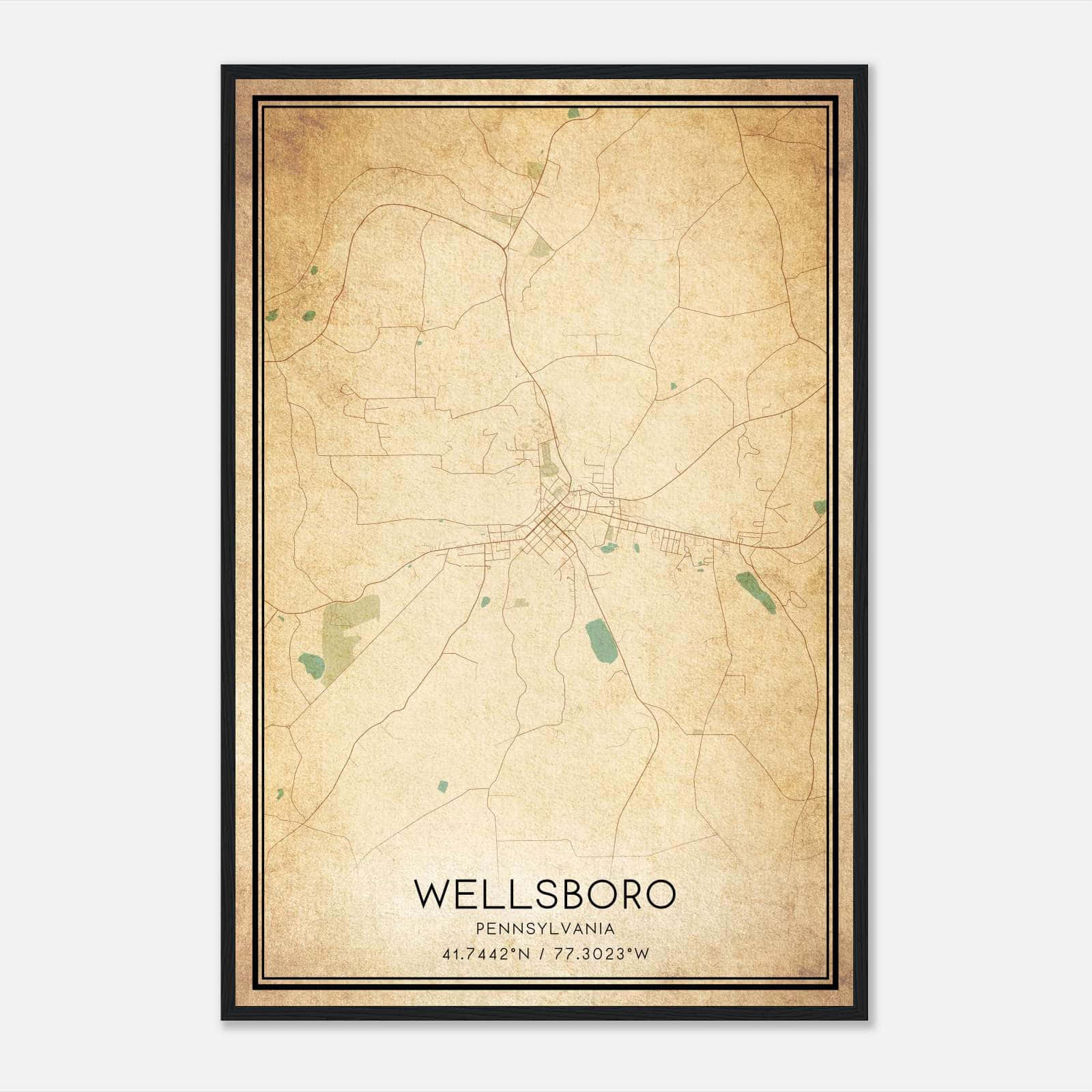 Vintage Wellsboro Pennsylvania Map Poster, Wellsboro PA City Road Wall ...